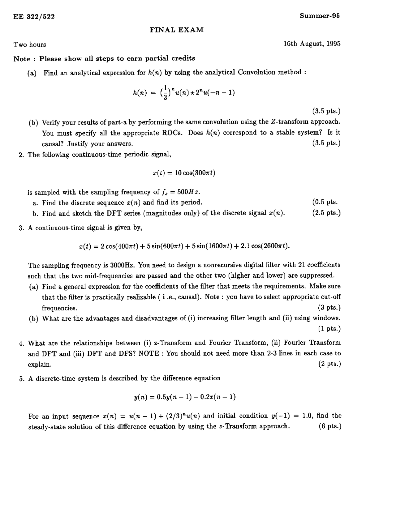 5 Questions On Linear Systems Ii Final Exam Ee 322 Docsity