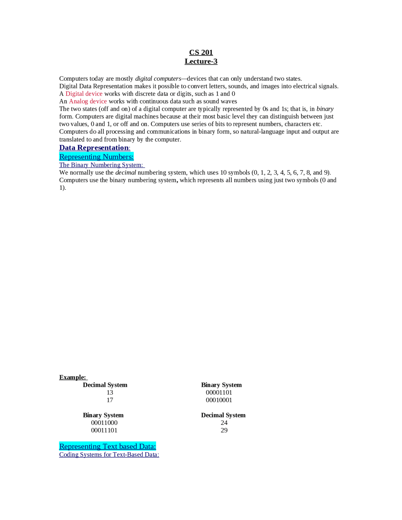 Digital Data Representation Lecture Notes Cs 201 Docsity