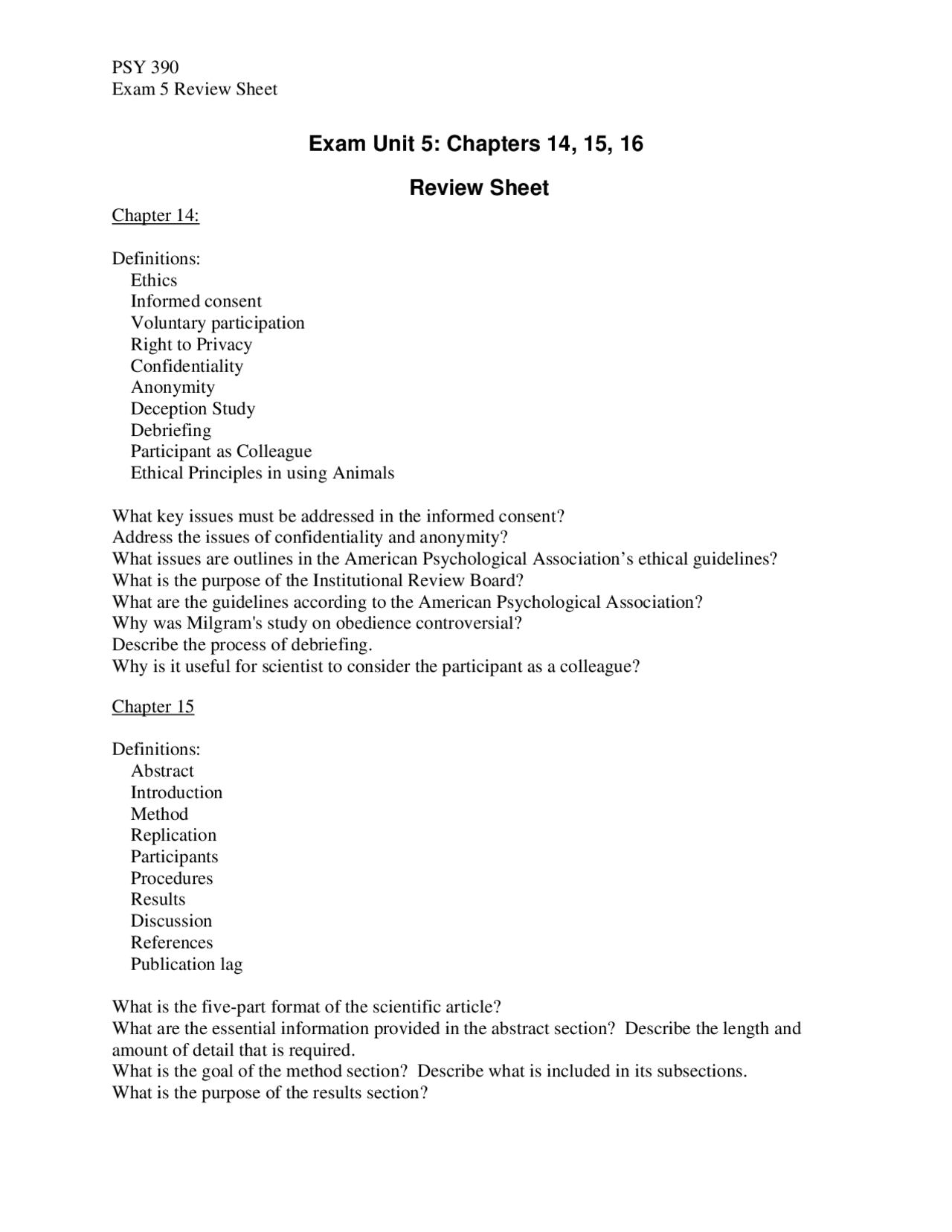Exam 5 Review Sheet For Research Methods Psy 390 Exams Psychology