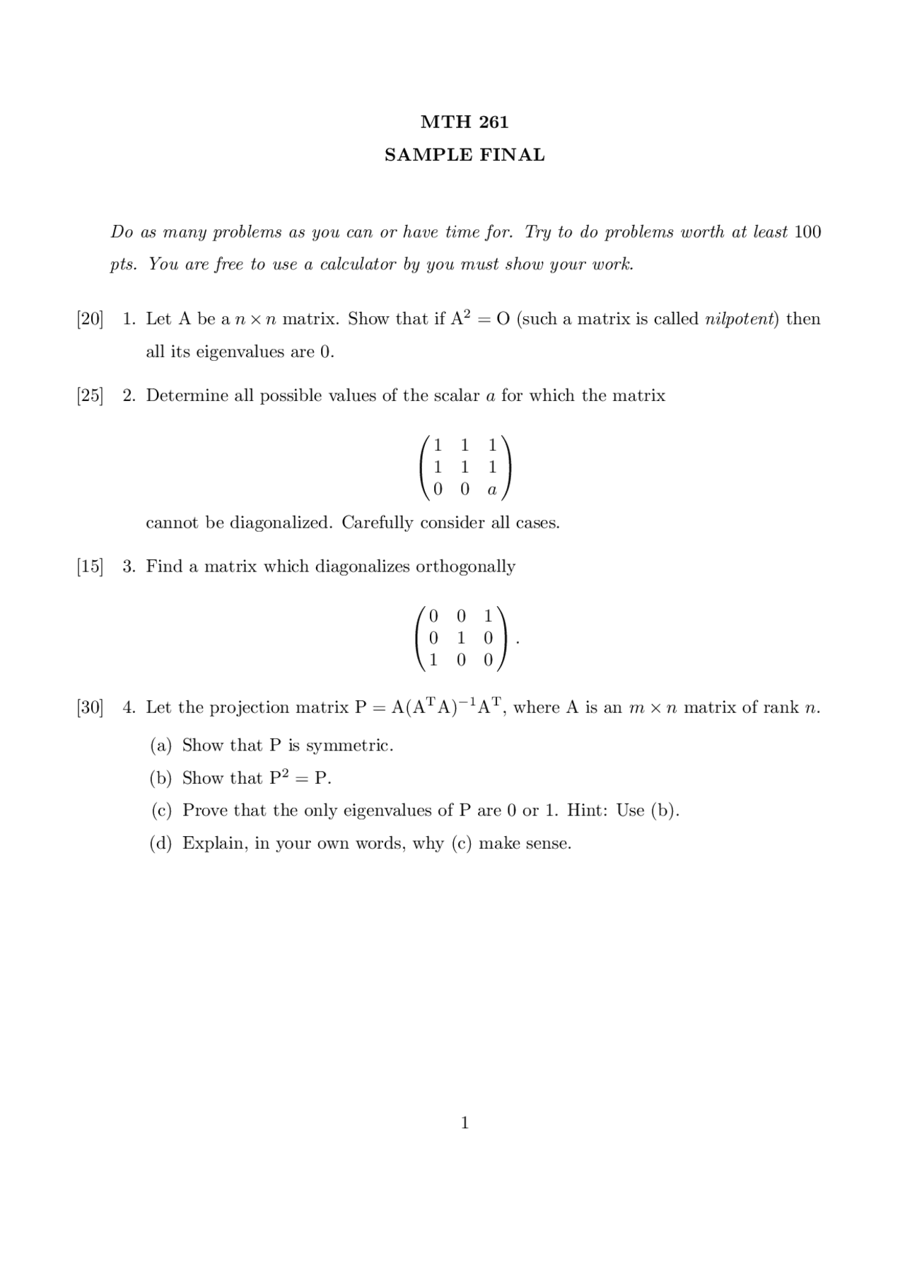 10 Sample Example Final Exam Introduction Linear Algebra Mth 261