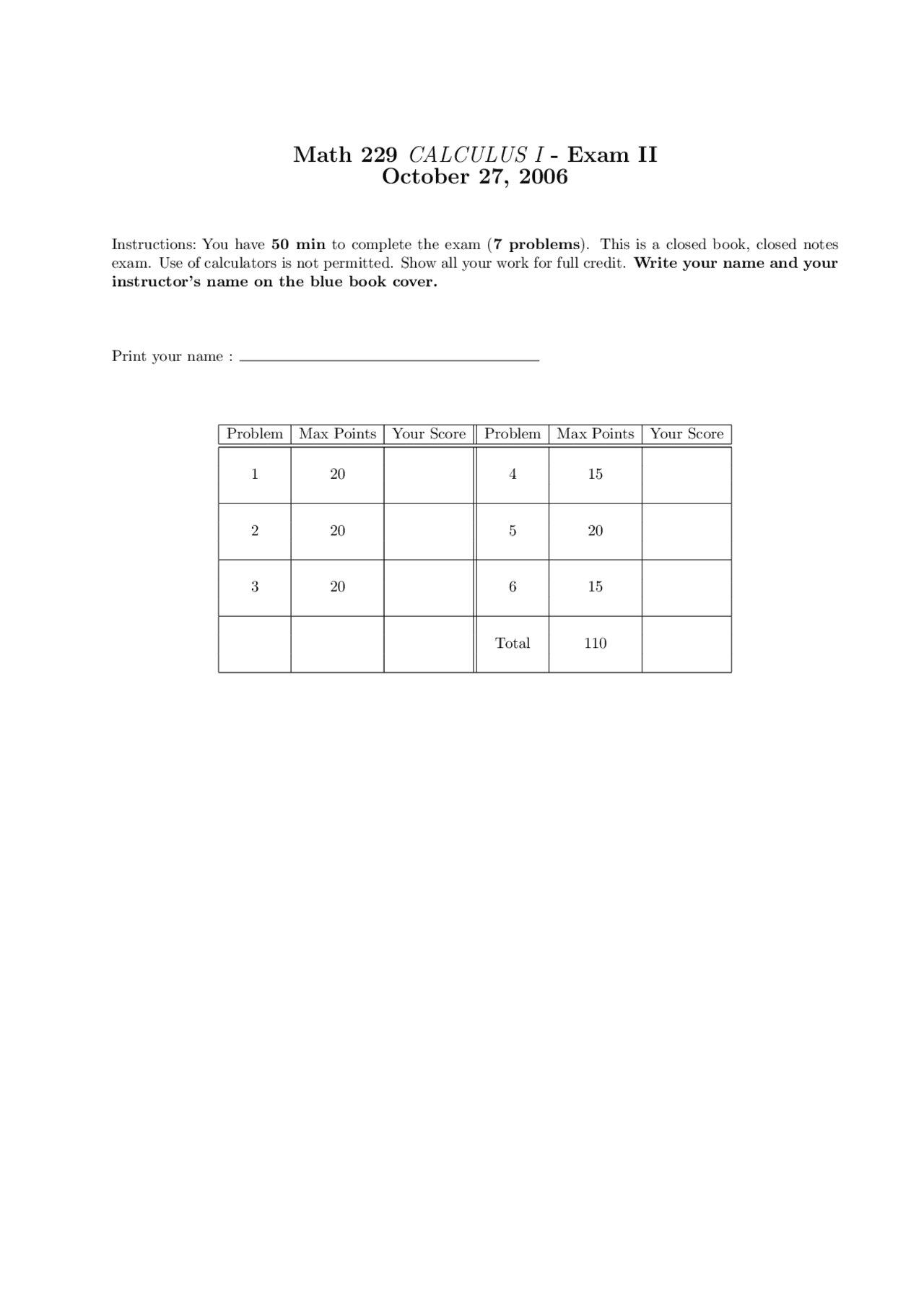 Unsolved Questions Of Exam 2 Calculus I Math 229 Exams Calculus