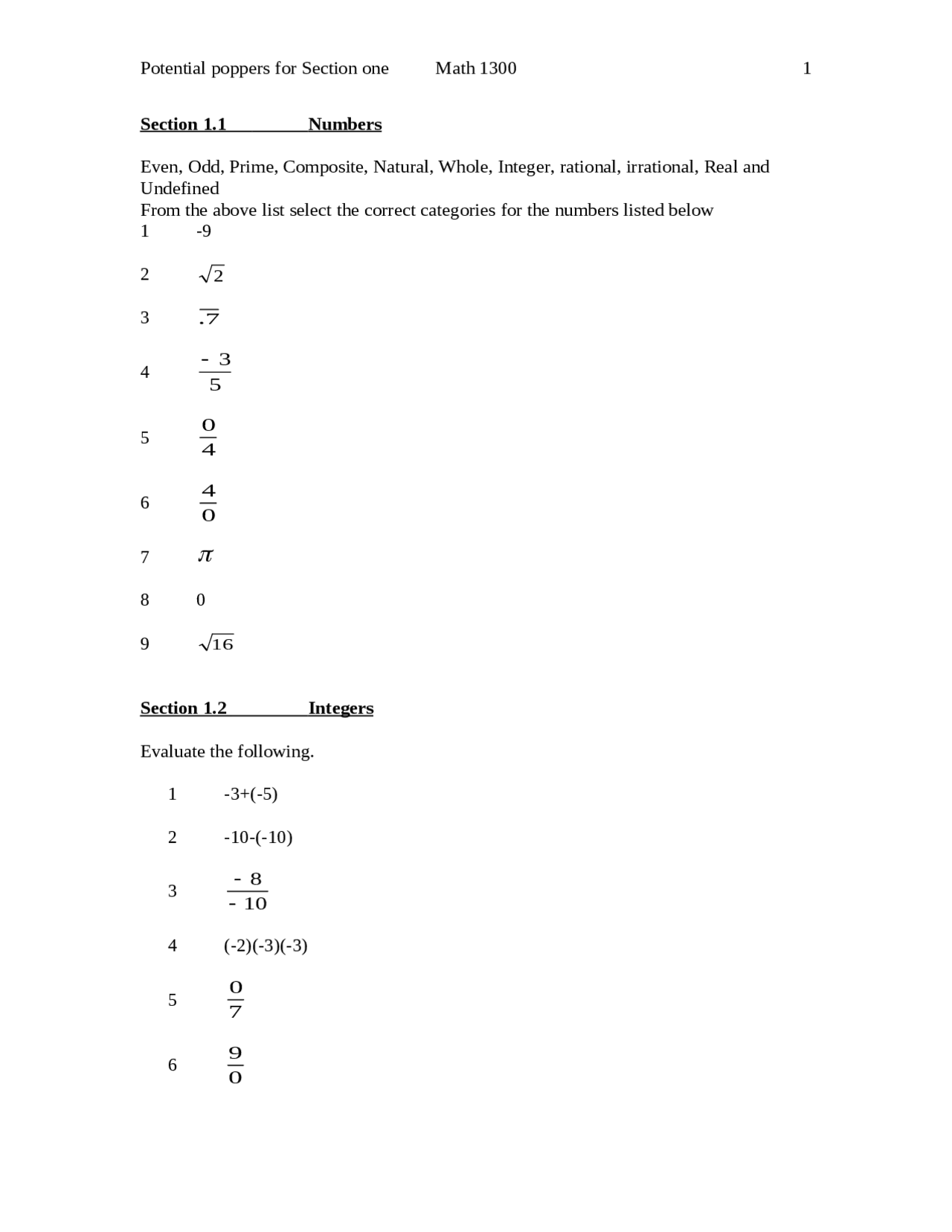 Potential Paper for Section 1 - Fundamentals of Mathematics | MATH 1300 - Docsity