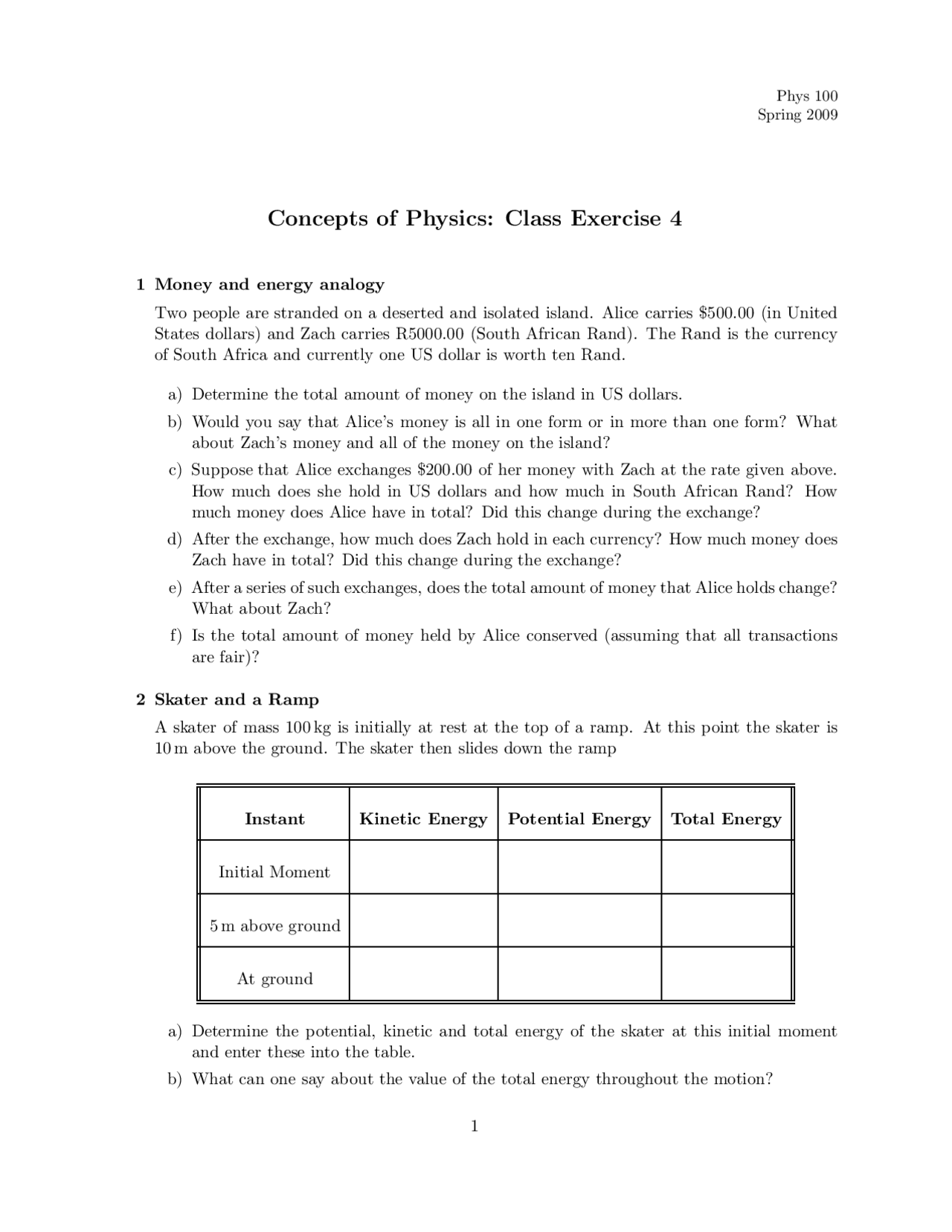 Class Exercise 4 Concepts Of Physics Phys 100 Docsity