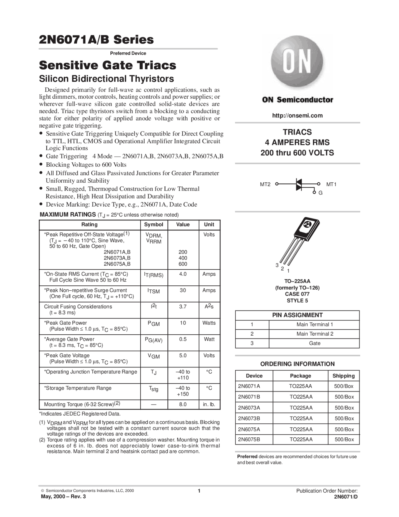 Sensitive Gate Triacs Silicon Bidirectional Thyristors - Laboratory ...