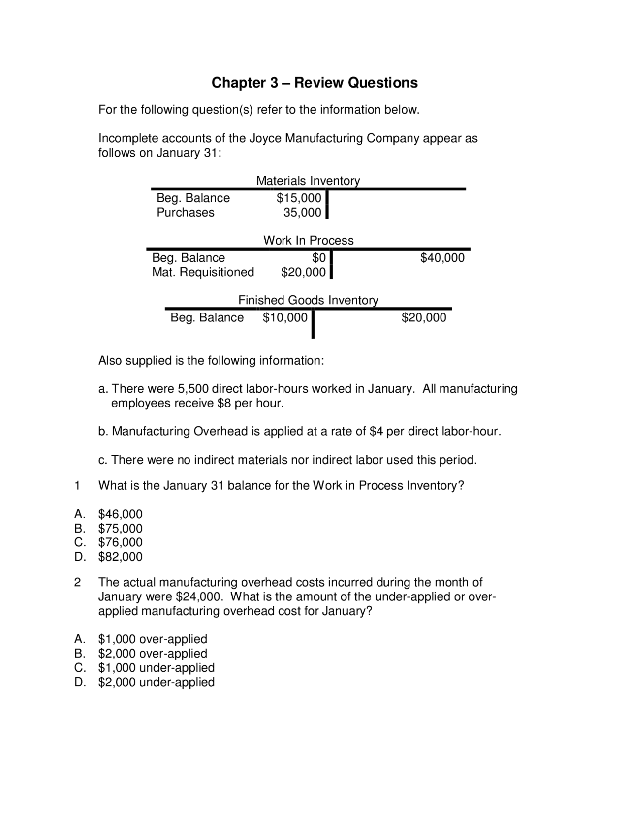 Multiple Choice Questions Cost Accounting For Managers Acct 310