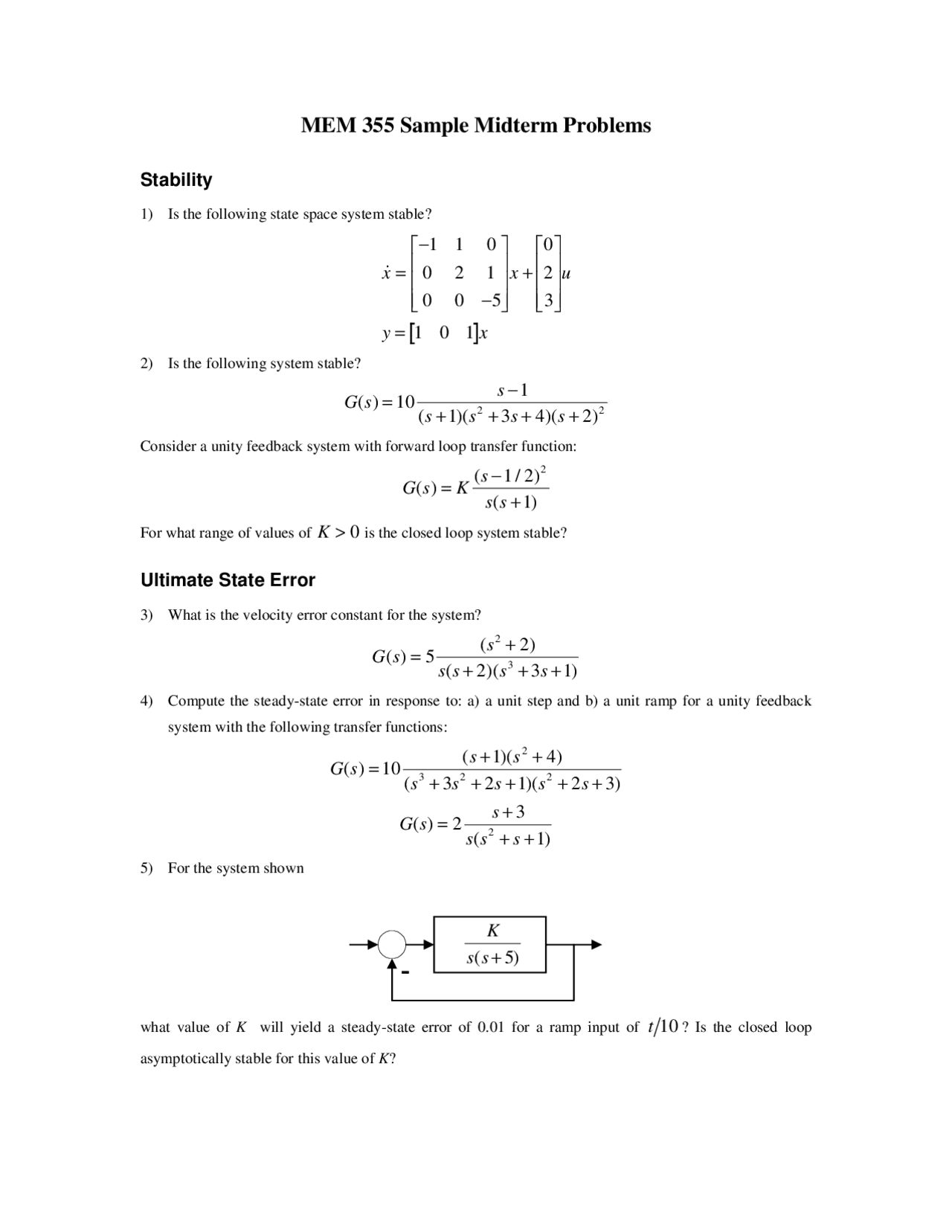 Sample Midterm Problems for Performance Enhancement of Dynamic Systems | MEM 355 - Docsity