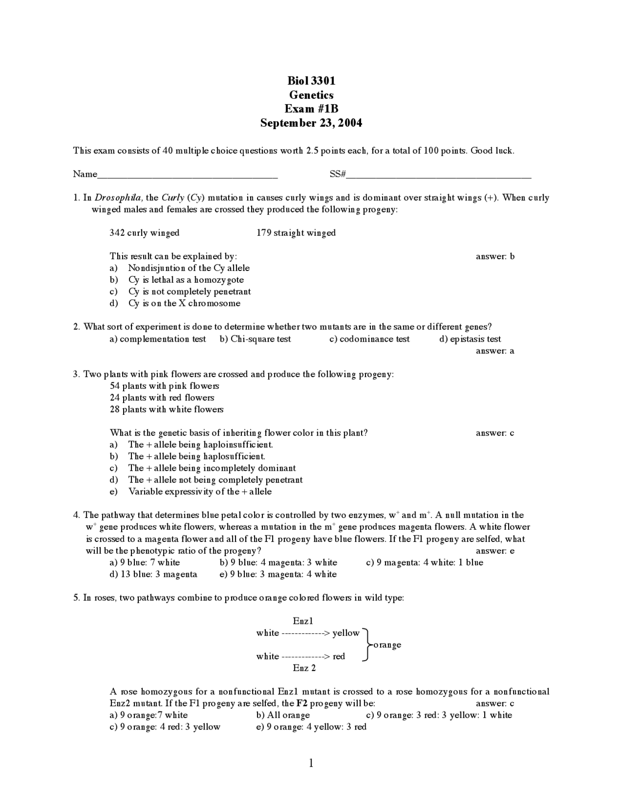 Exam 1 Solutions Genetics Fall 2004 Biol 3301 Exams Human