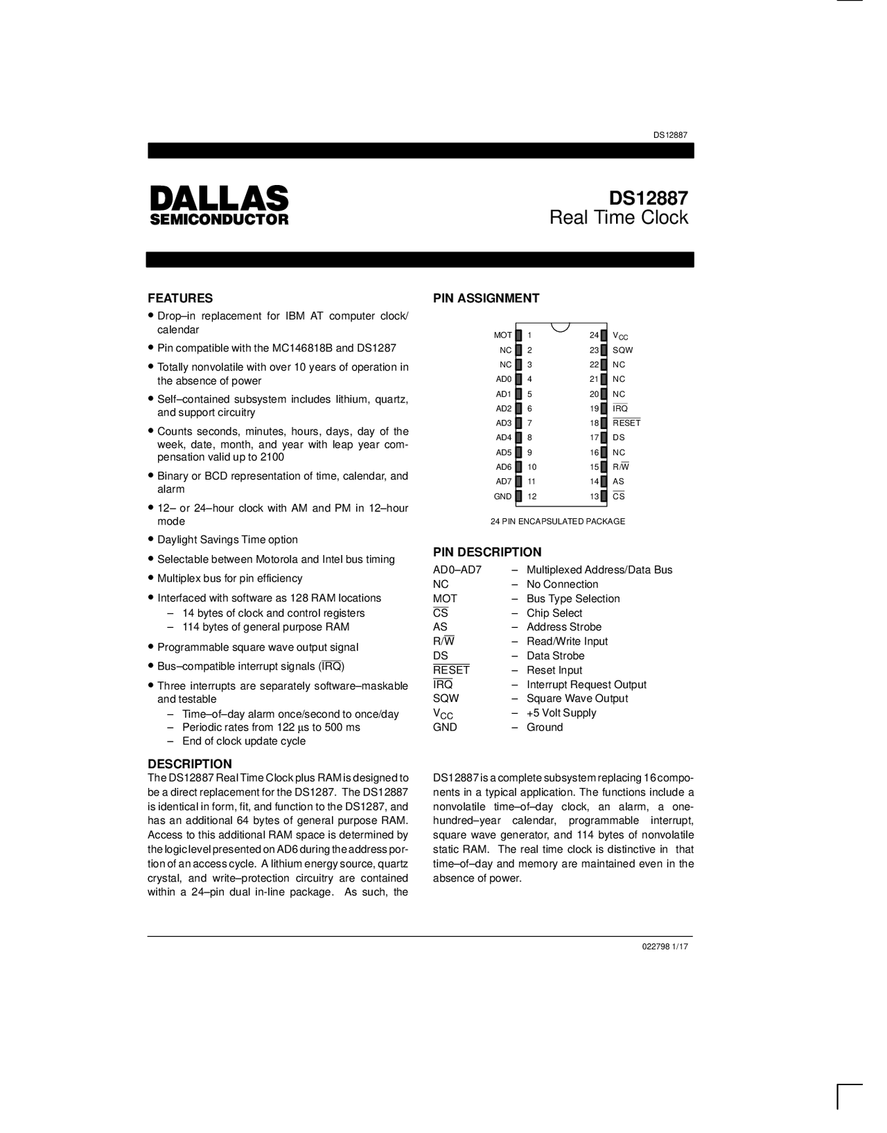 Dallas Semiconductor Ds12887 Real Time Clock Cs 686 Docsity