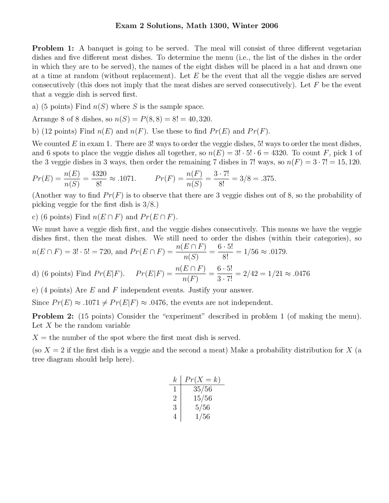 Exam 2 Solutions Finite Mathematics Math 1300 Docsity