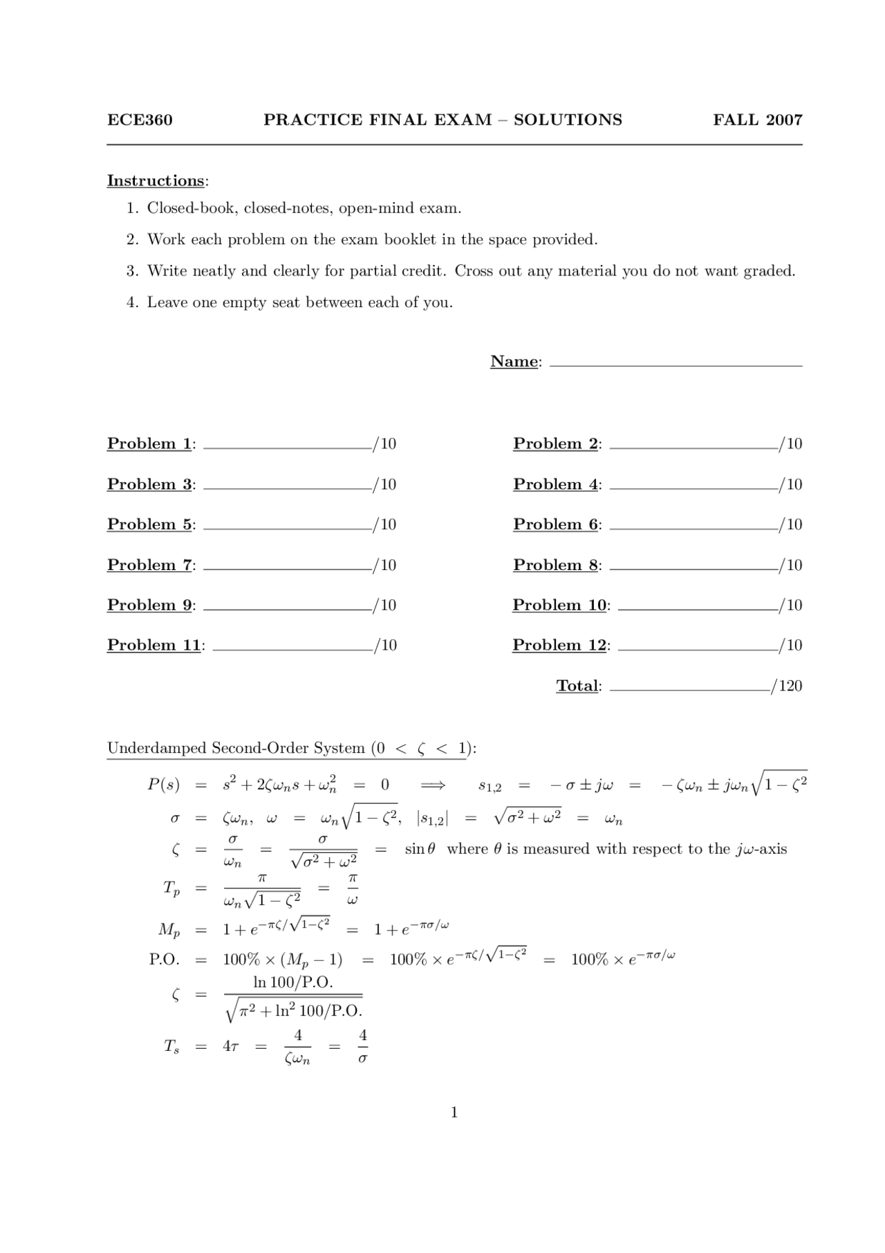 Final Exam With Solutions For System Modeling And Control Ece 360