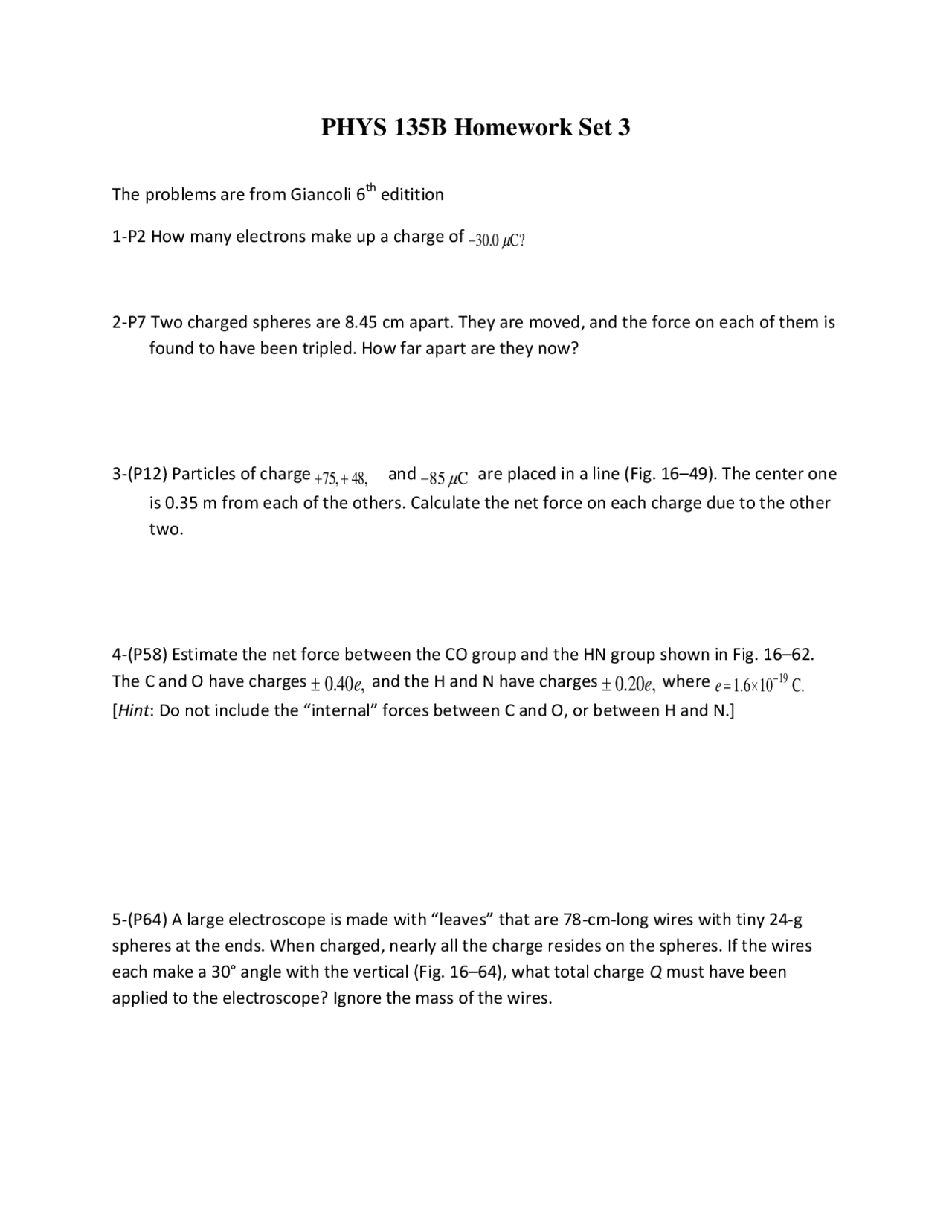 Homework Set 3 College Physics Ii Phys 135b Docsity