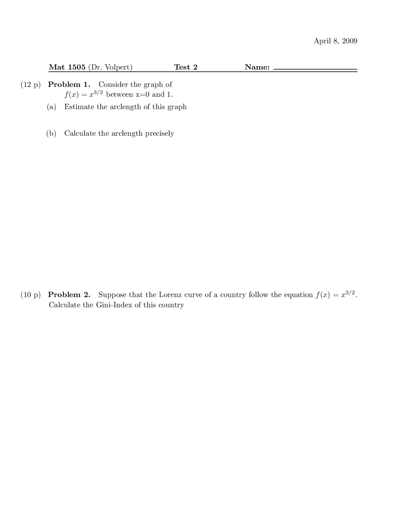 Test 2 With Problems For Calculus Ii Mat 1505 Docsity