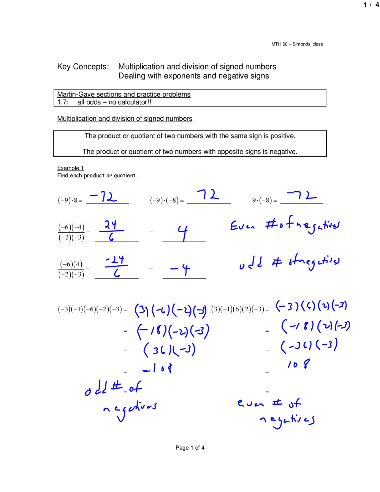 Multiplication and Division of Signed Numbers Dealing with Exponents ...
