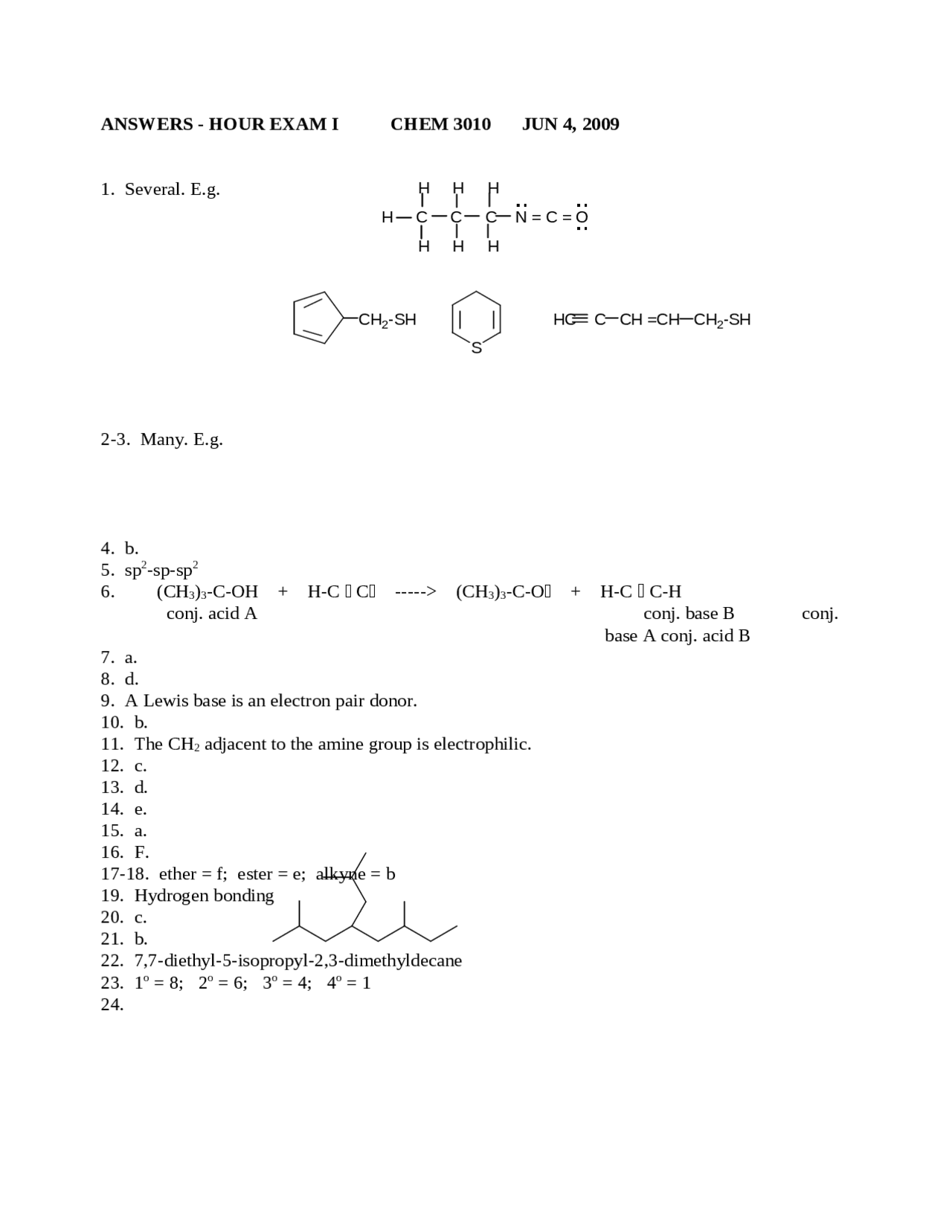 Answers To Exam 1 On Organic Chemistry Chem 3010 Docsity