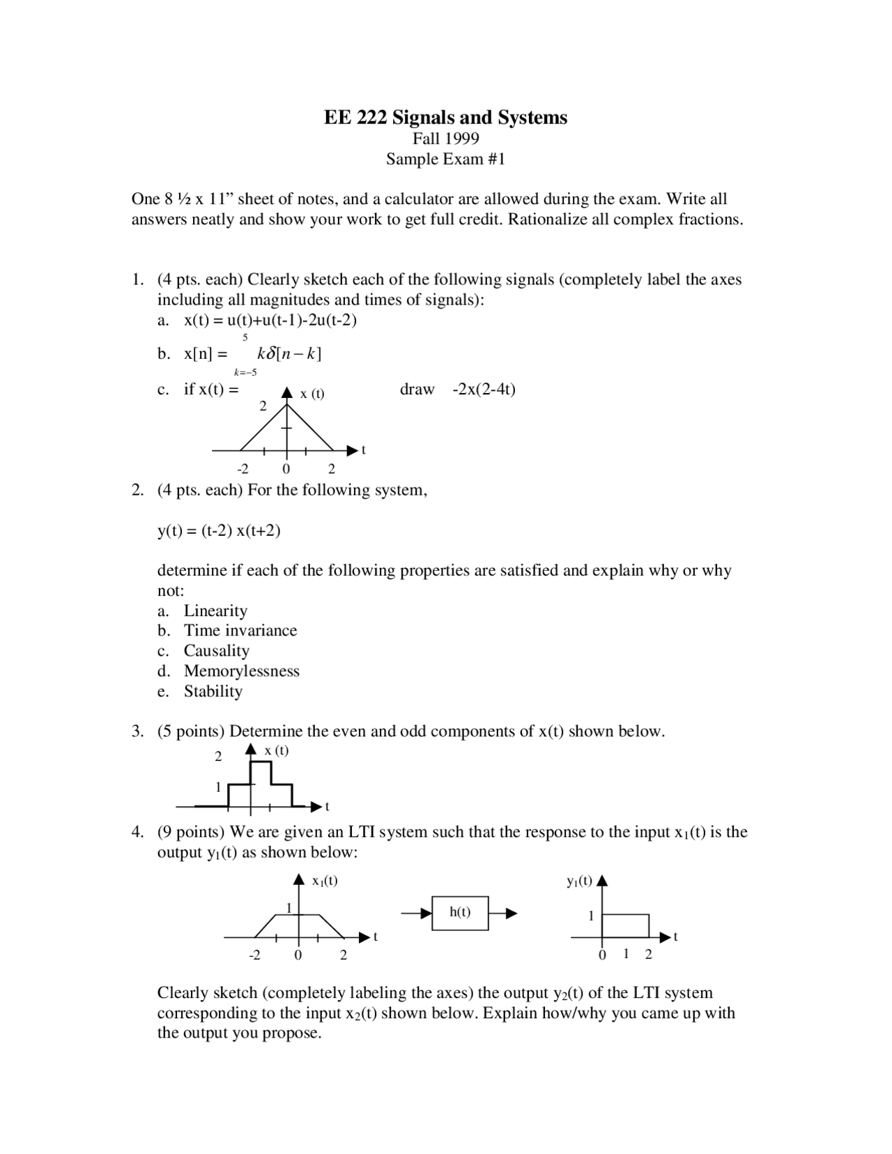 Sample Exam 1 For Signals And Systems Ece 350 Docsity