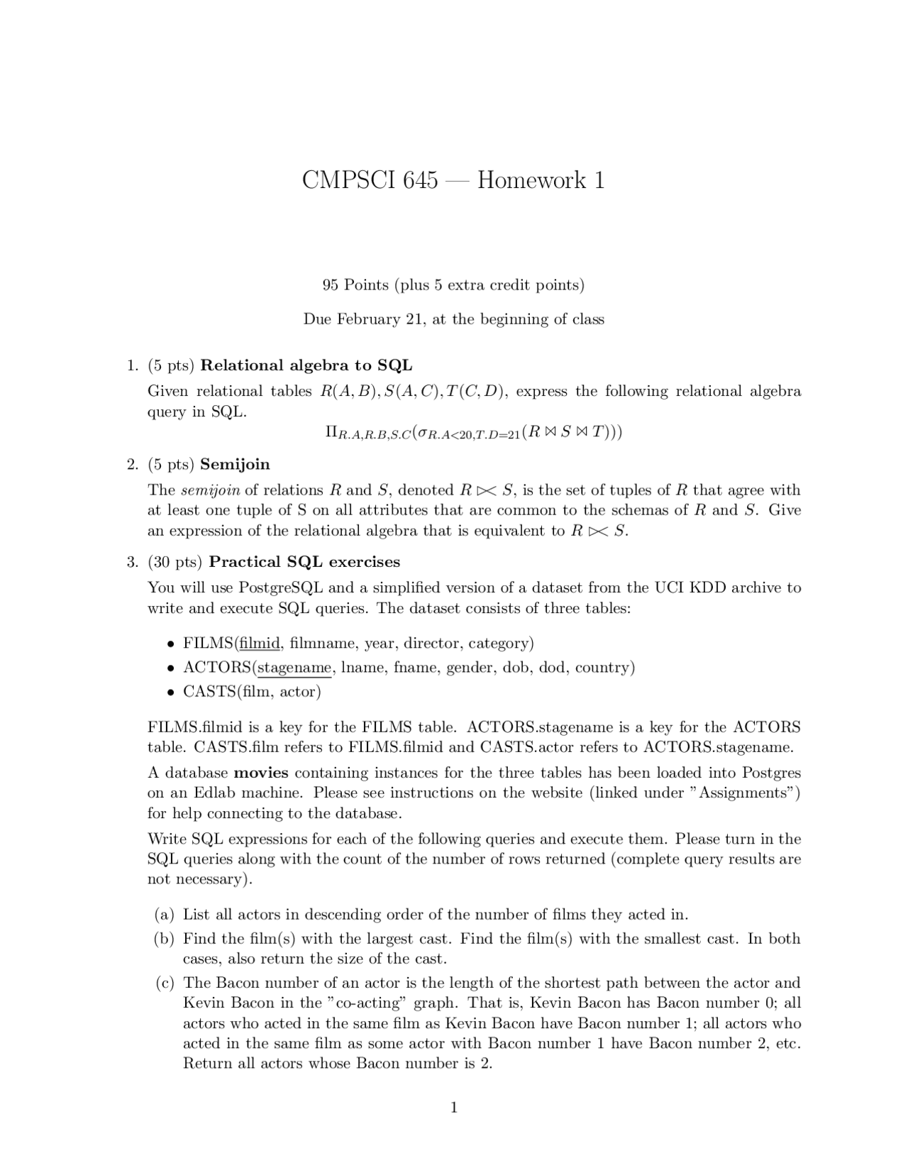 Assignment I Questions Database Design And Implementation Cmpsci 645 Docsity