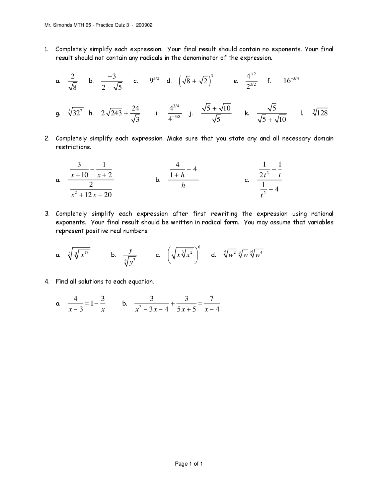 MTH 95 - Practice Quiz 3: Simplifying Expressions and Solving Equations | Quizzes Algebra | Docsity
