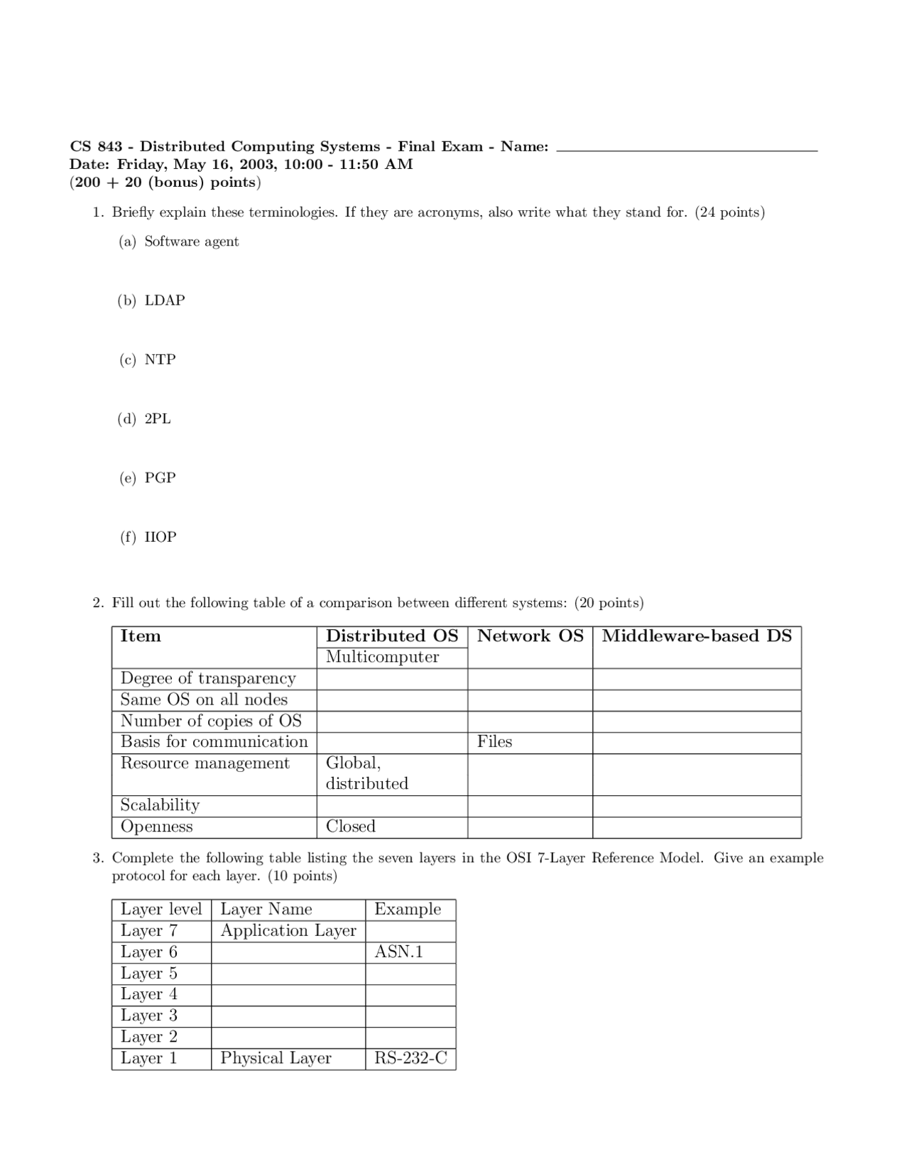 Exam 2 Questions For Distributed Computing Systems Cs 843 Docsity