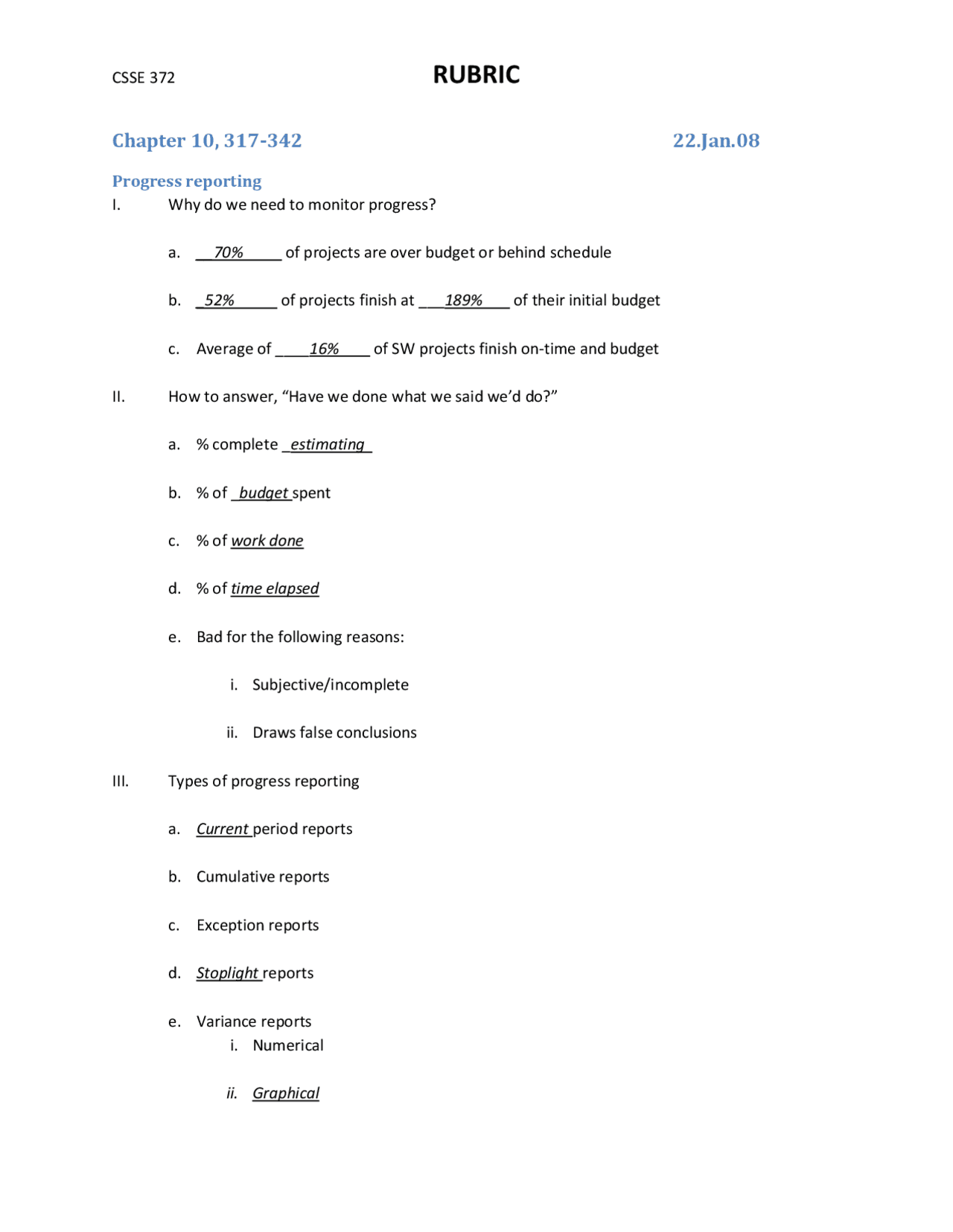 Progress Reporting Software Project Management Csse 372 Docsity