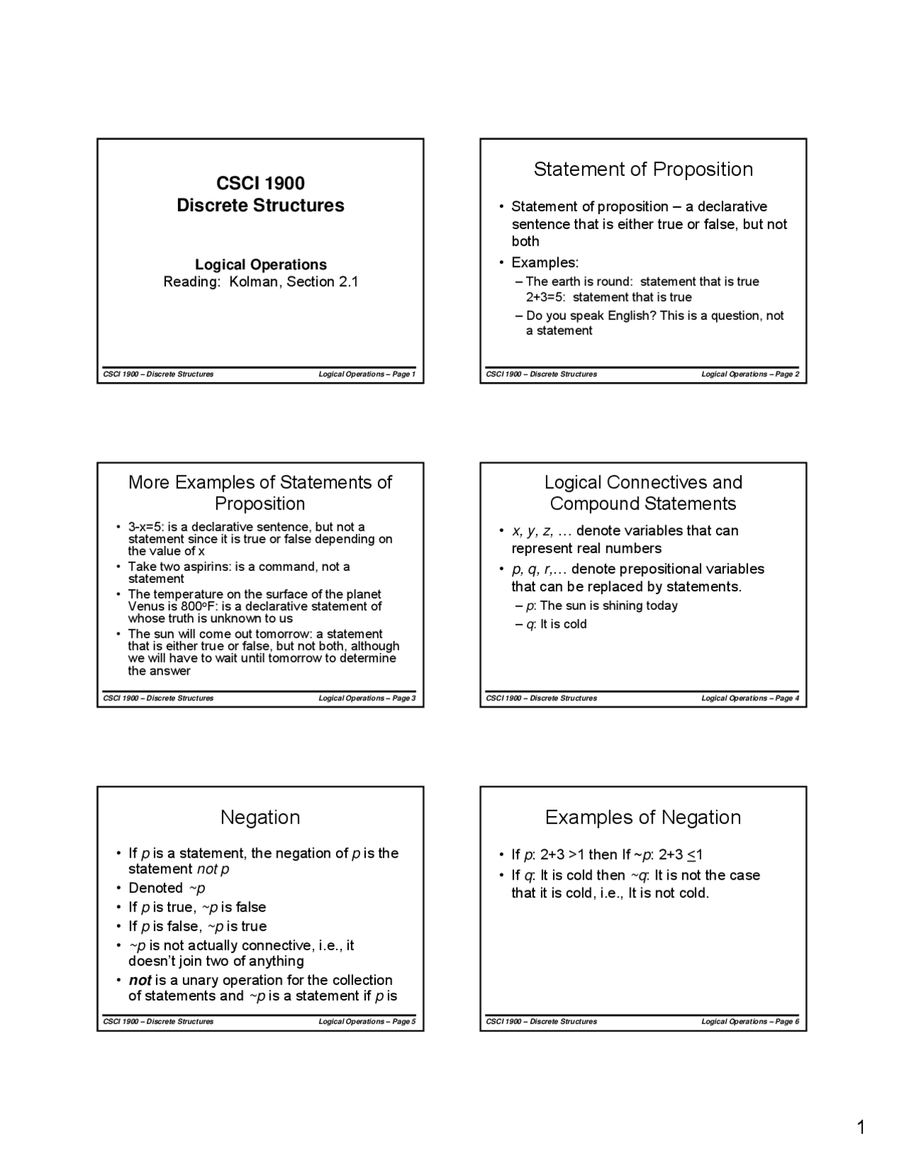 Logical Operations Lecture Slides Csci 1900 Docsity