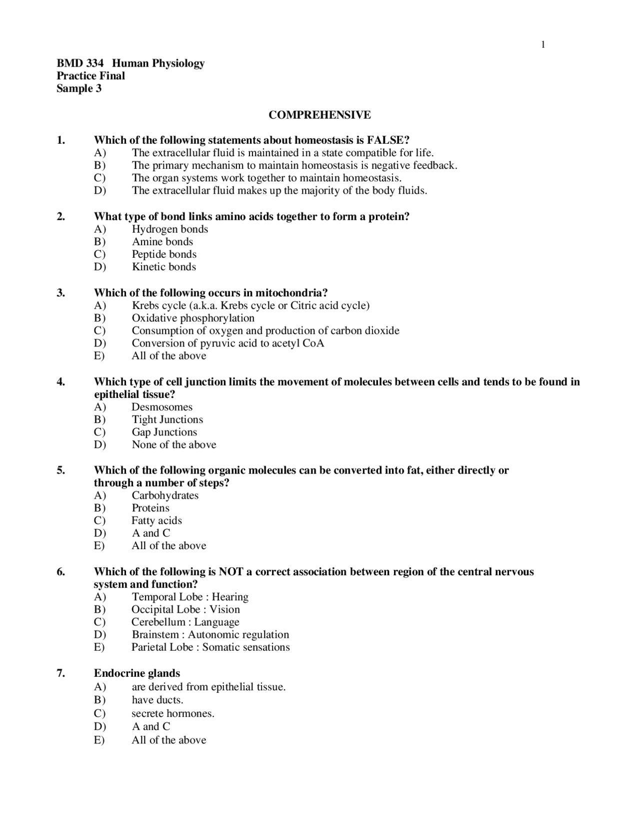 Practice Questions For Final Exam Human Physiology I Bmd 334 Docsity