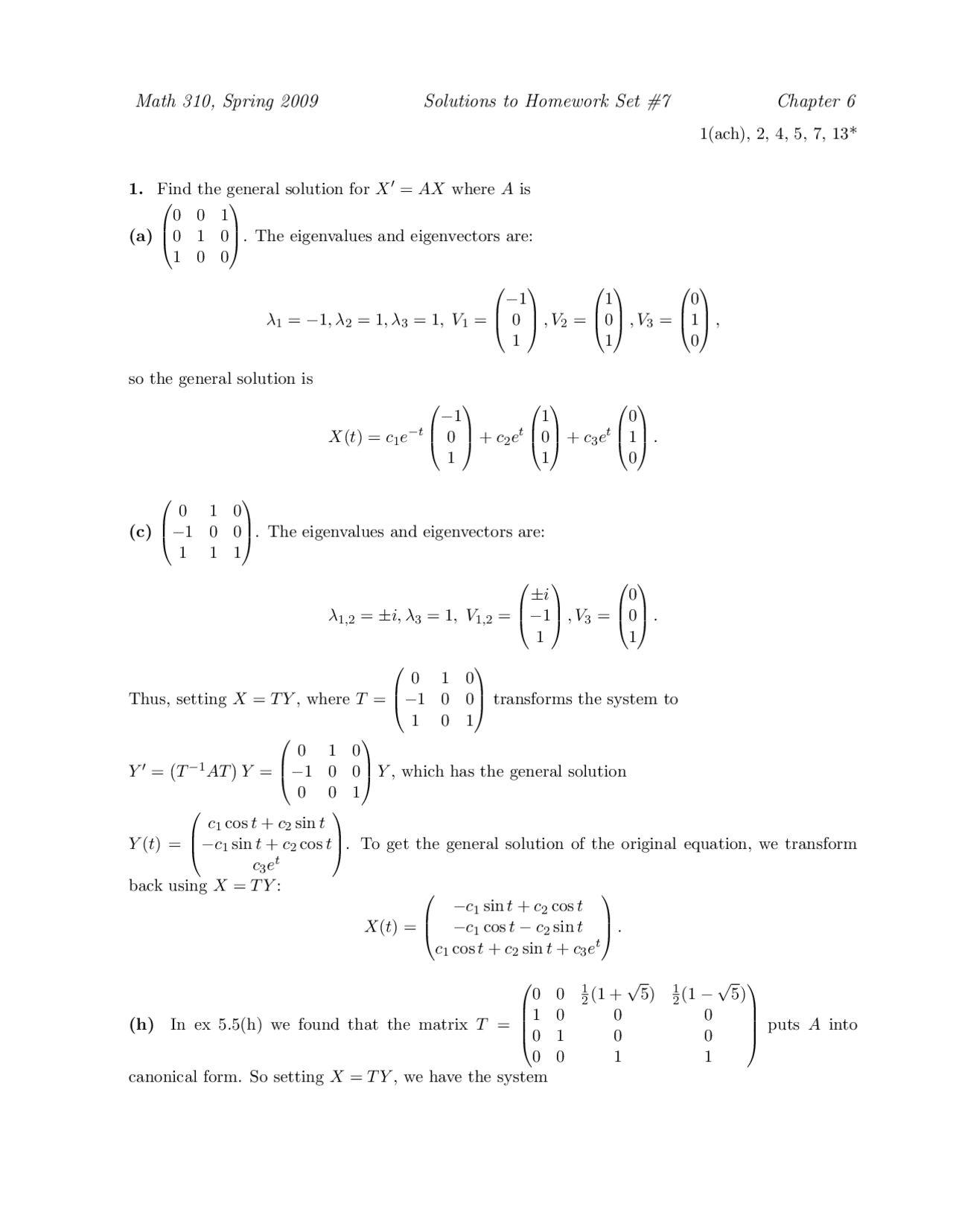 Solutions To Homework I Ordinary Differential Equations Math 310