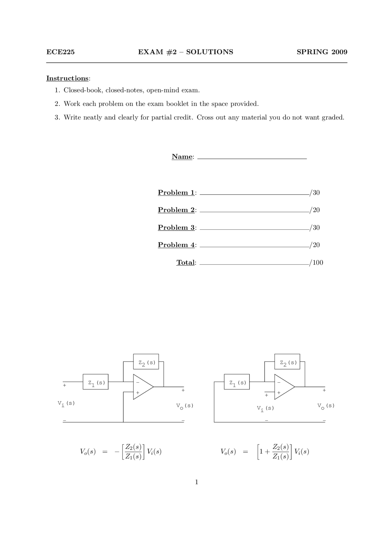 Exam 2 Questions with Solutions - Circuit Analysis and Design | ECE 225 ...