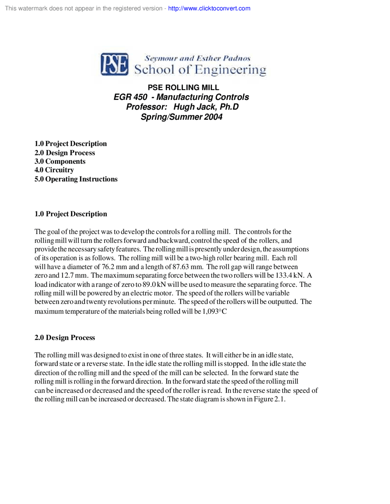 Project Description, Design Process and Operating Instructions | EGR ...