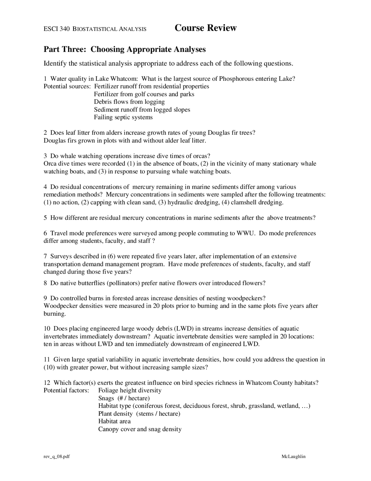 Choosing Appropriate Statistical Analysis Review Sheet Esci 340