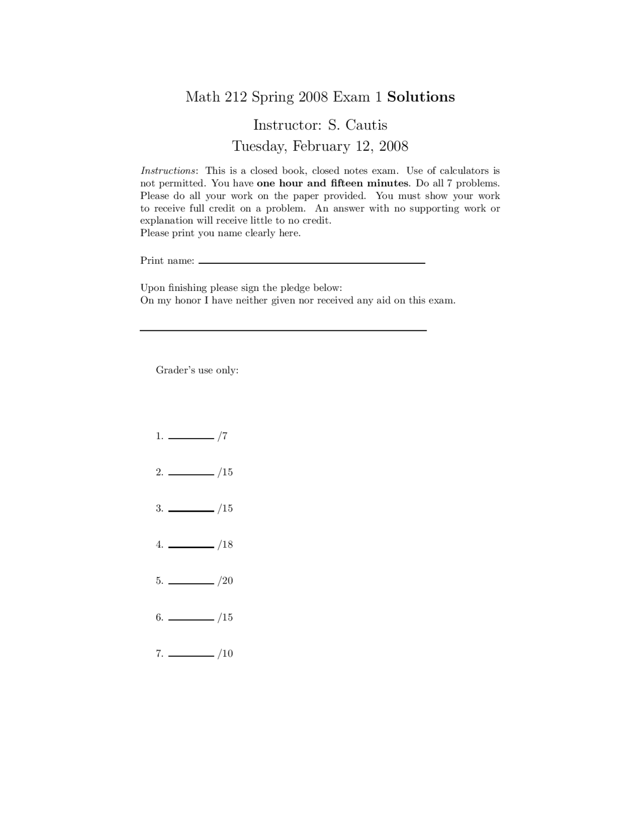 Exam 1 Questions With Solutions Multivariable Calculus Math 212
