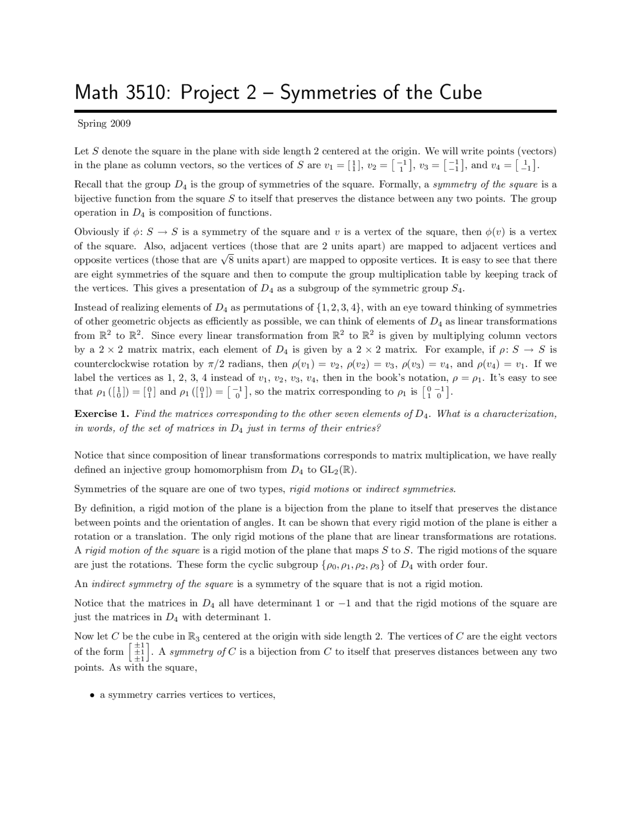 Project 2: Symmetries of the Cube - Introduction to Abstract Algebra | MATH 3510 - Docsity