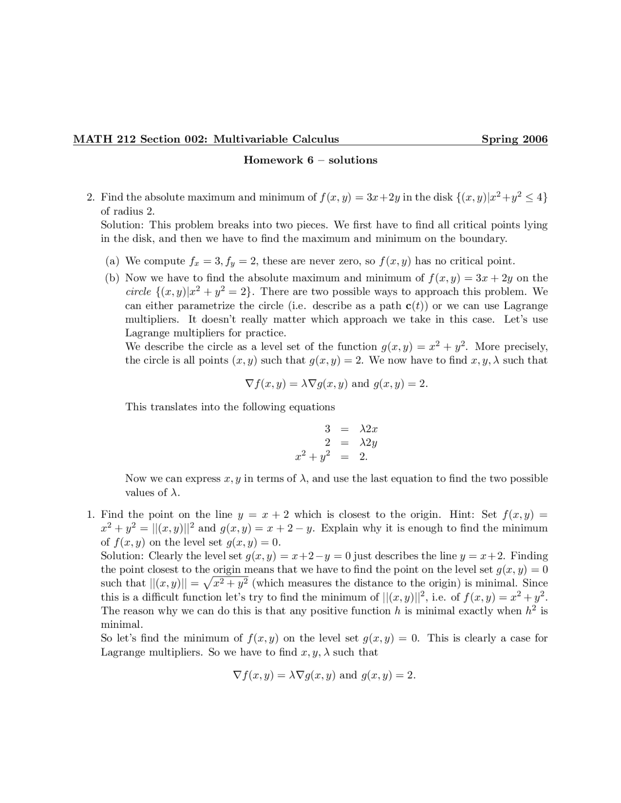 Multivariable Calculus Assignment 6 Solutions Math 212 Docsity