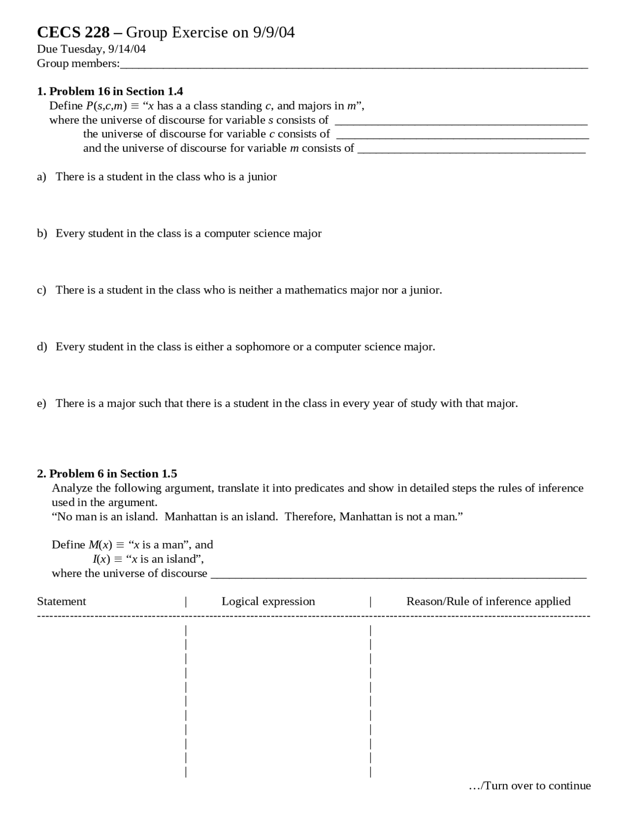 Group Exercise - Discrete Structures with Computing Applications I | CECS 228 - Docsity