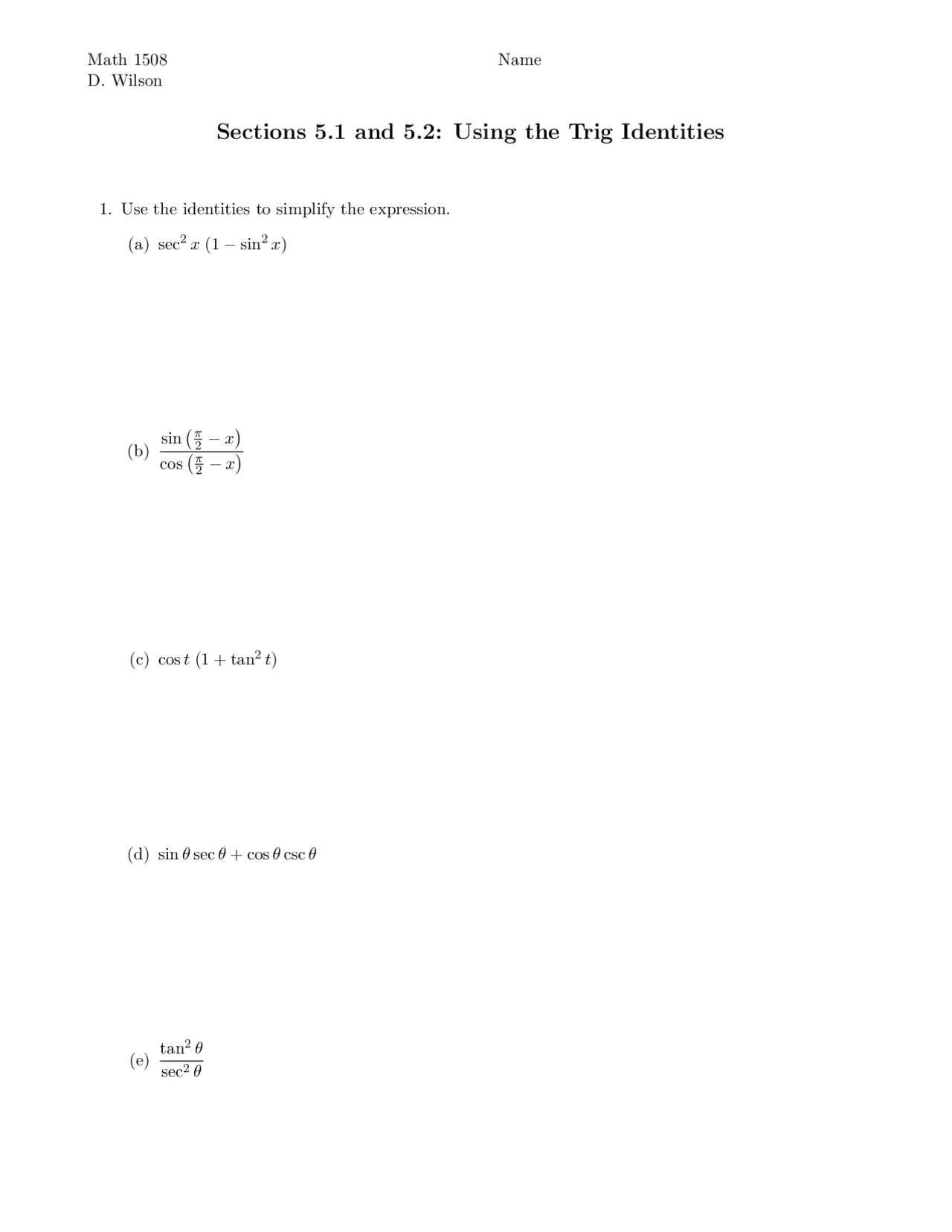 Using The Trigonometry Identities Lecture Notes Math 1508 Docsity