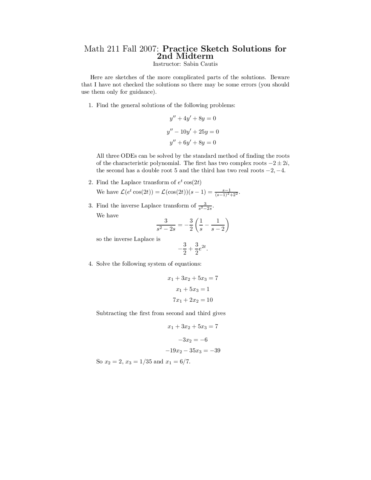 Practice Sketch Solutions For Midterm 2 Ordinary Differential
