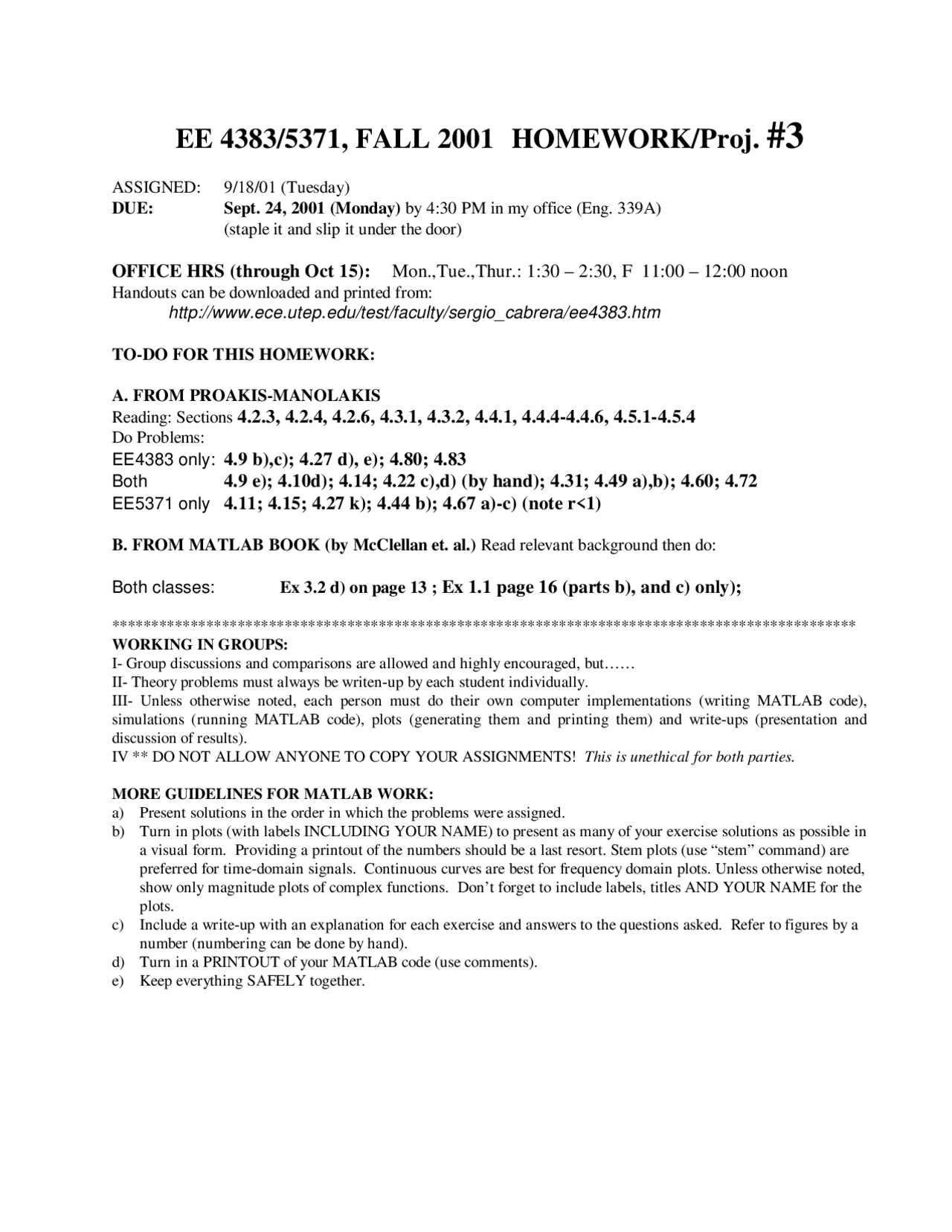 Homework 3 Digital Signal Processing Fall 2001 Ee 4383 Docsity