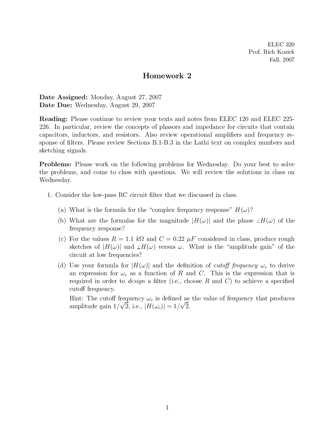 Problems On The Resistance Capacitance Circuit Homework 2 Elec 320
