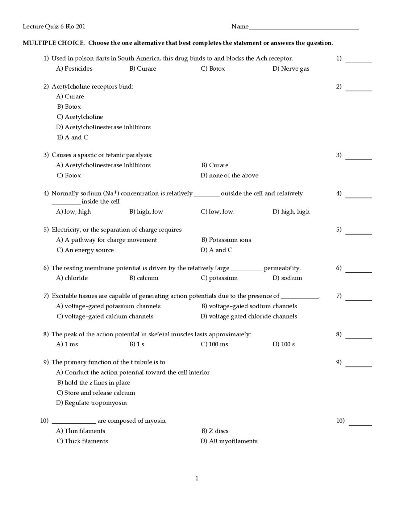 25 MCQs on Human Anatomy and Physiology I - Quiz 6 | BIO 201 - Docsity