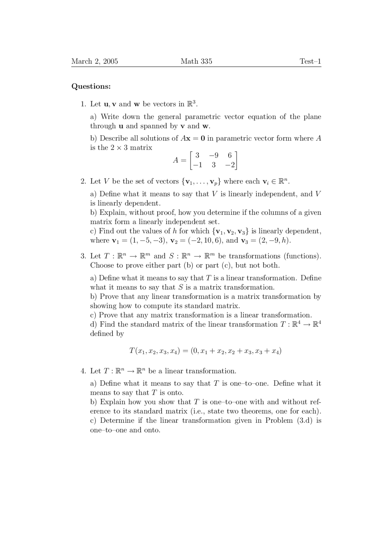 5 Questions Test 1 Linear Algebra Math 335 Docsity