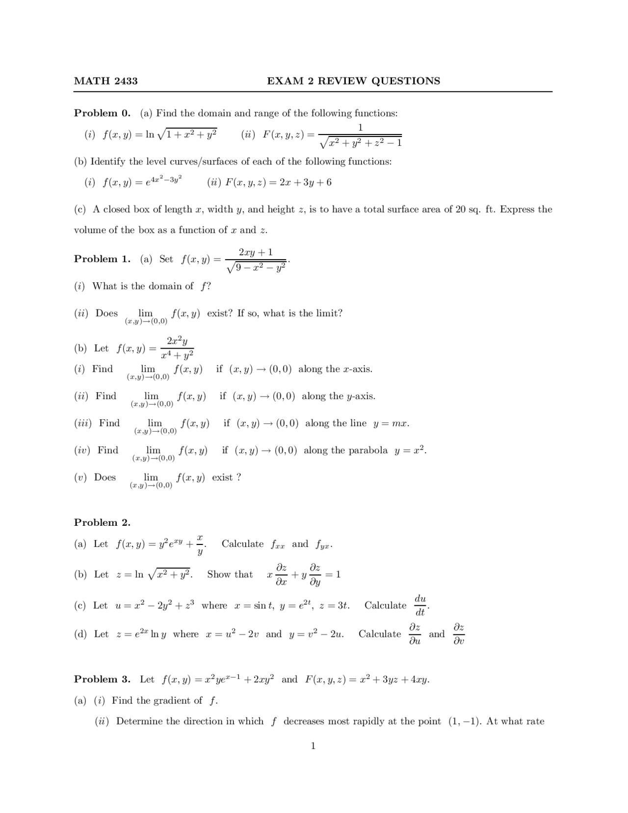 Review Questions For Calculus Iii Exam Practice Math 2433 Docsity
