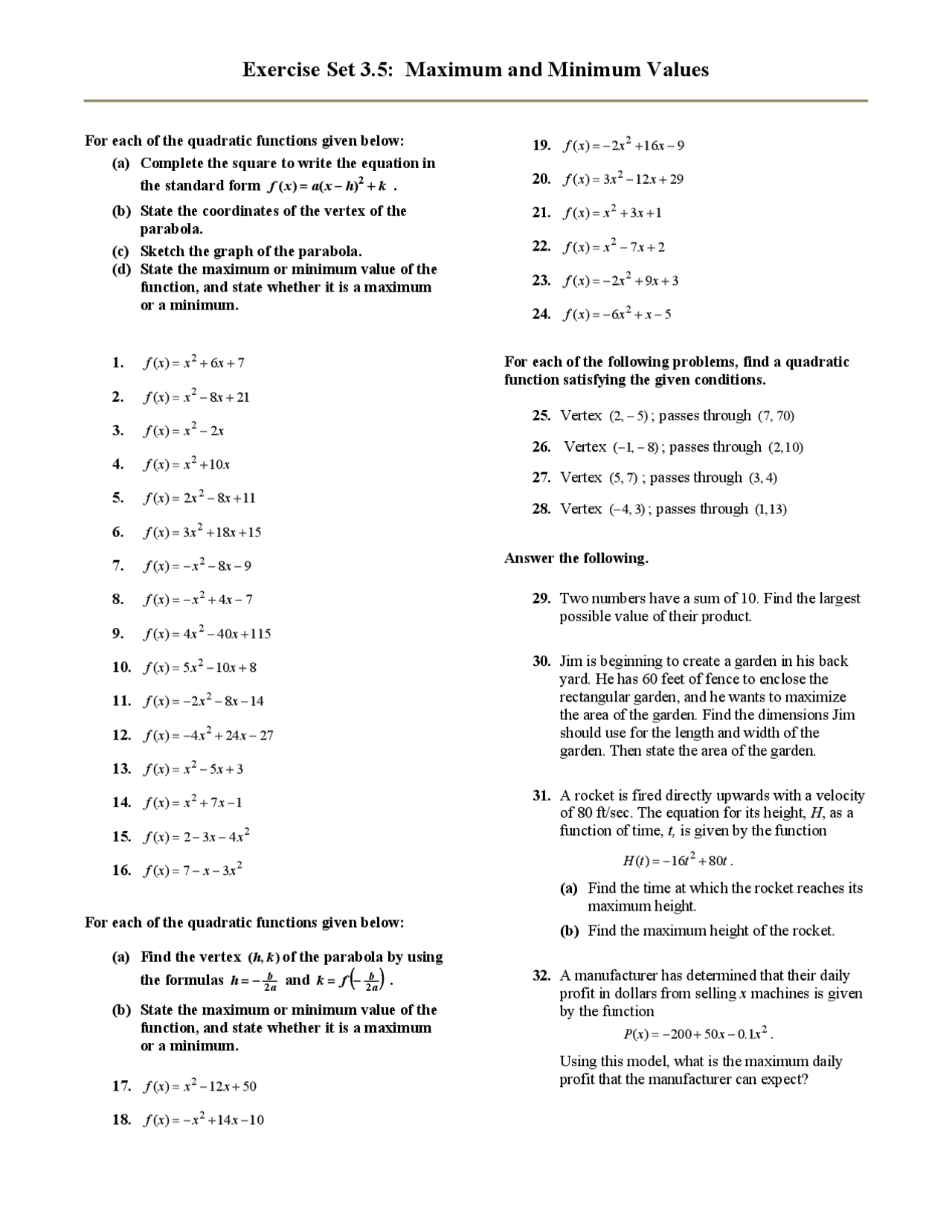 Maximum and Minimum Values - Exercise Problems | MATH 1310 - Docsity