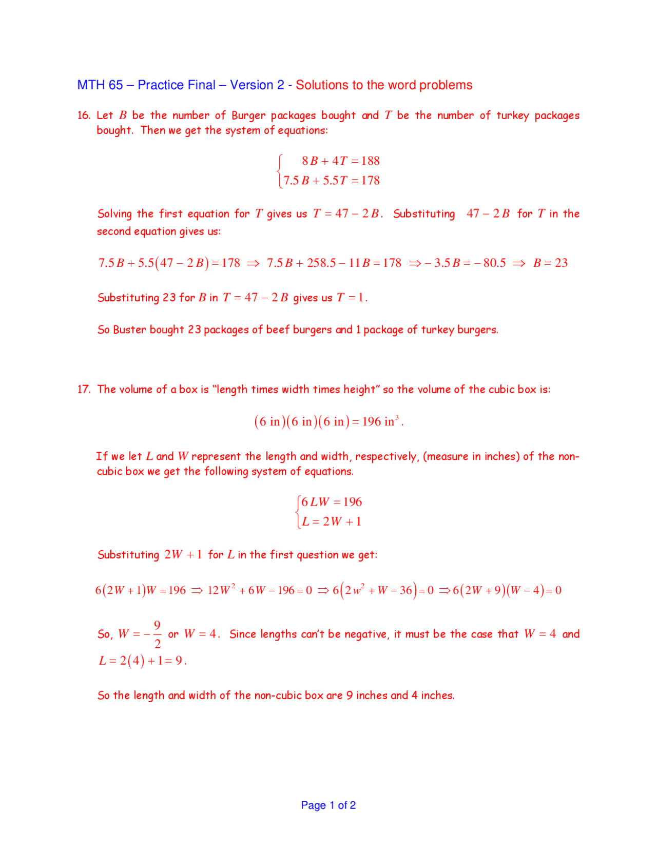 MTH 65 Practice Final Version 2: Solving Equations and Word Problems | Exams Algebra | Docsity