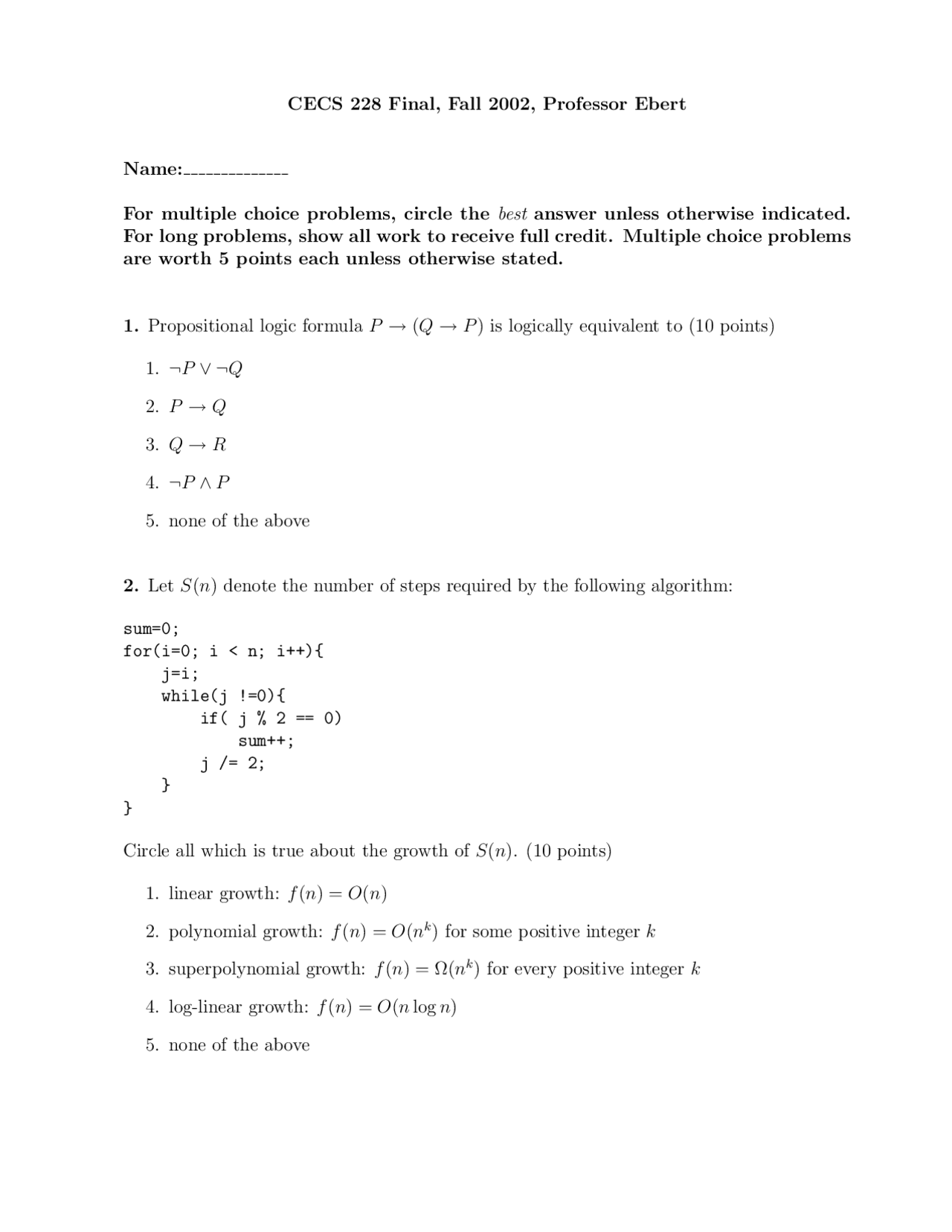 Final Exam For Discrete Structure Computer Science Applications Cecs