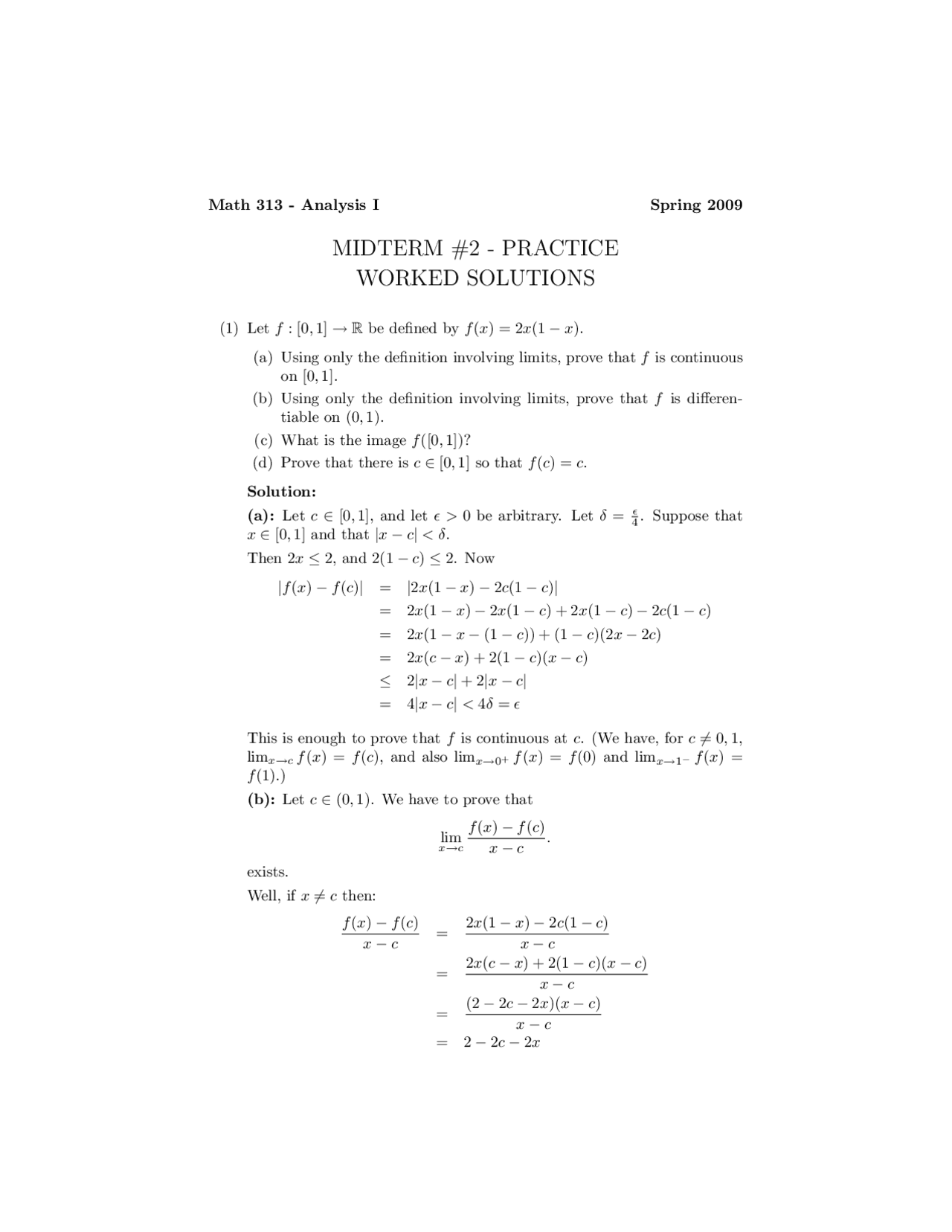 Math 313 Analysis I - Midterm 2 Practice Solutions | Exams Mathematical Methods for Numerical ...