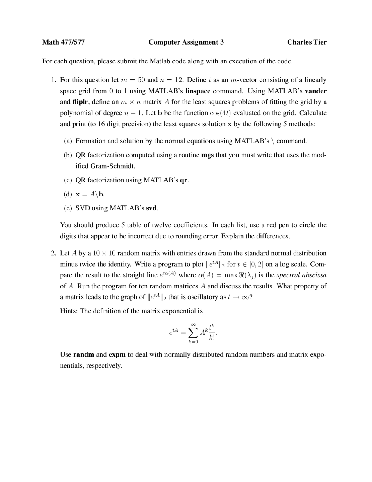 Math Assignment 3: Solving Least Squares & Analyzing Matrix Exponentials (Math 477/577 ...