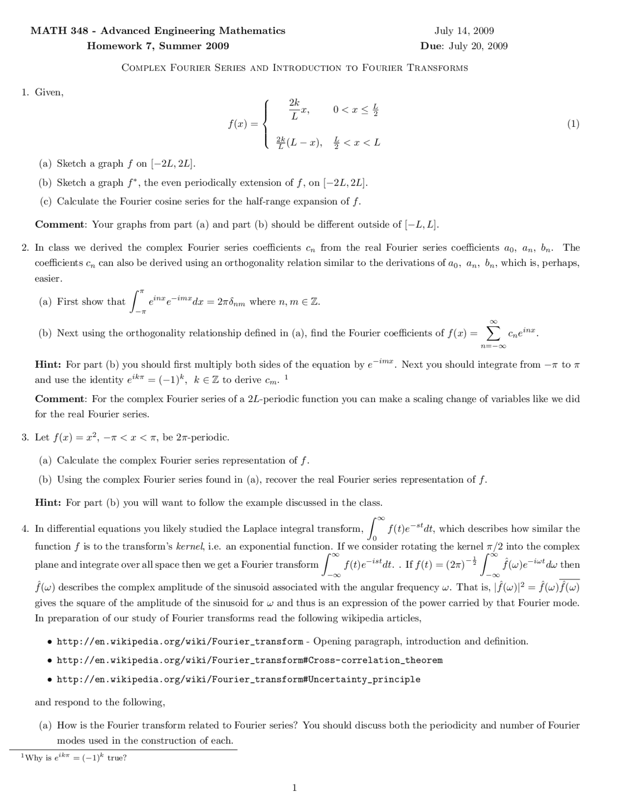 Assignment 7 Solutions Advanced Engineering Mathematics Math 348