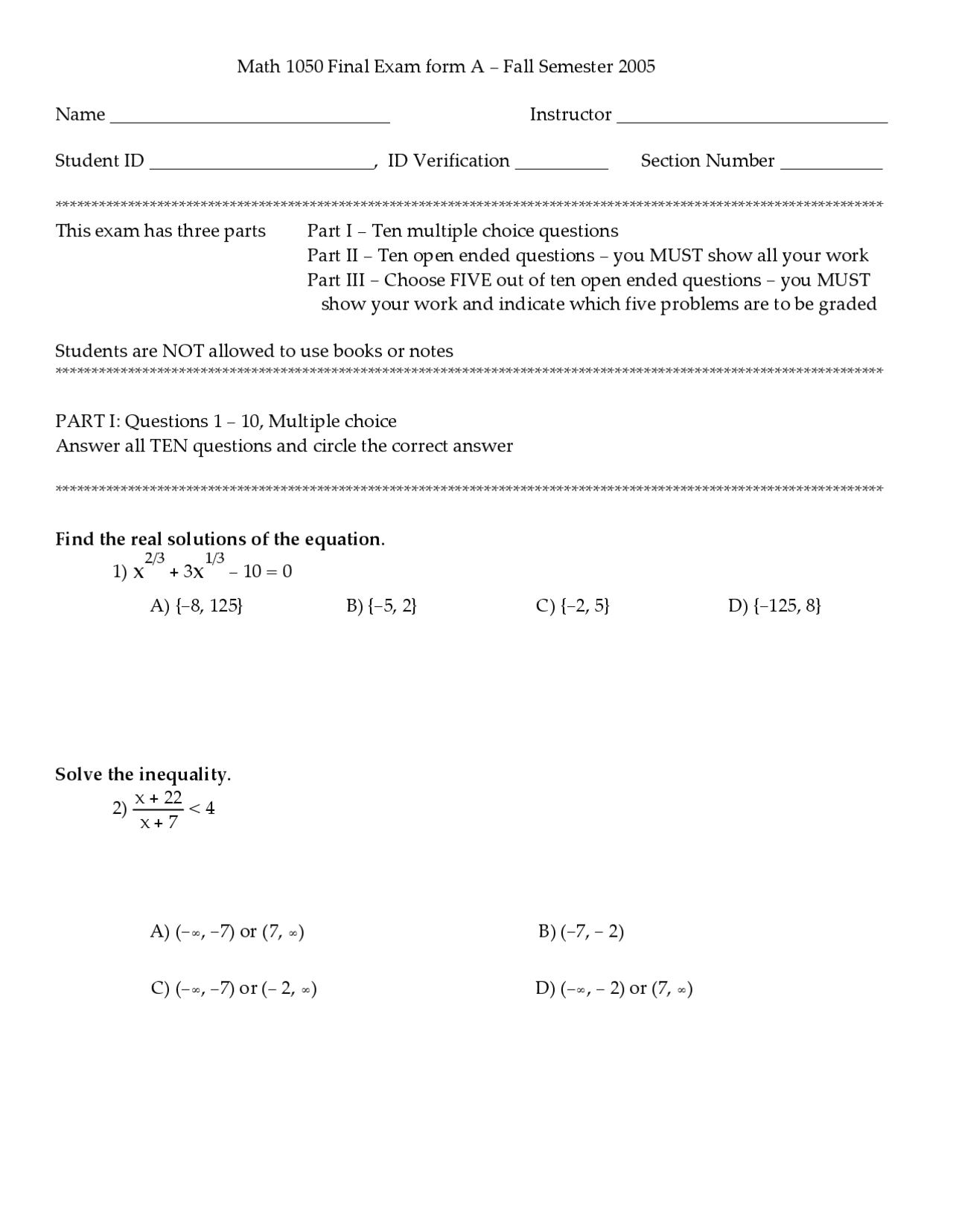 10 Mcqs With Answers College Algebra Final Exam Math 1050 Docsity