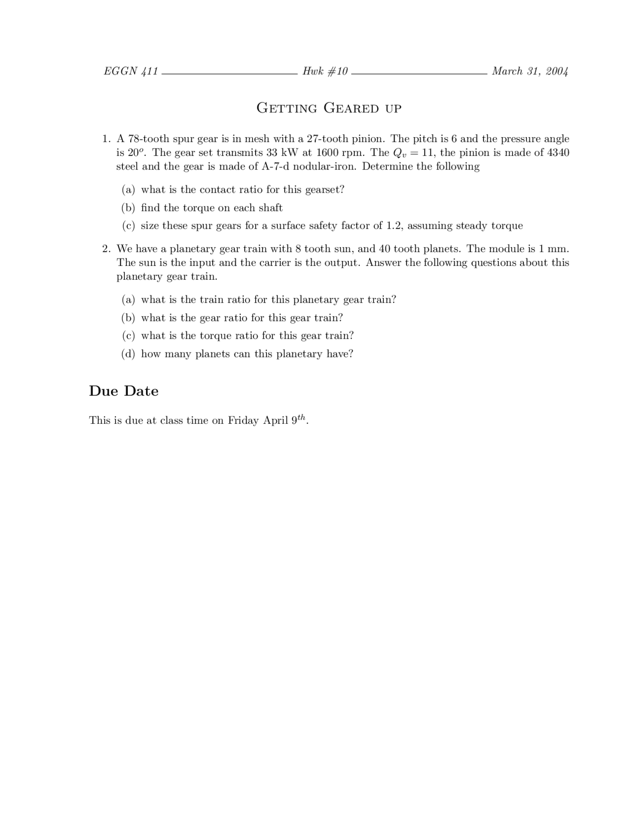 Homework 10 Questions For Machine Design Fall 2004 Eggn 411 Docsity