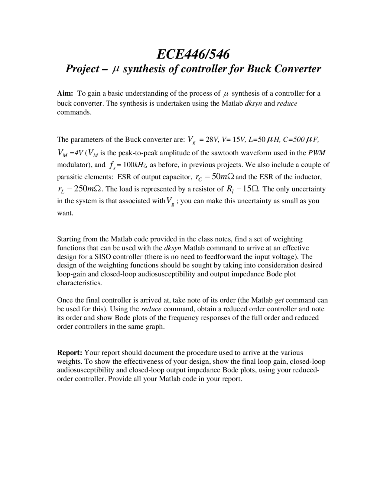 Notes On Mu Synthesis Of Controller For Buck Converter Ece 446 Docsity