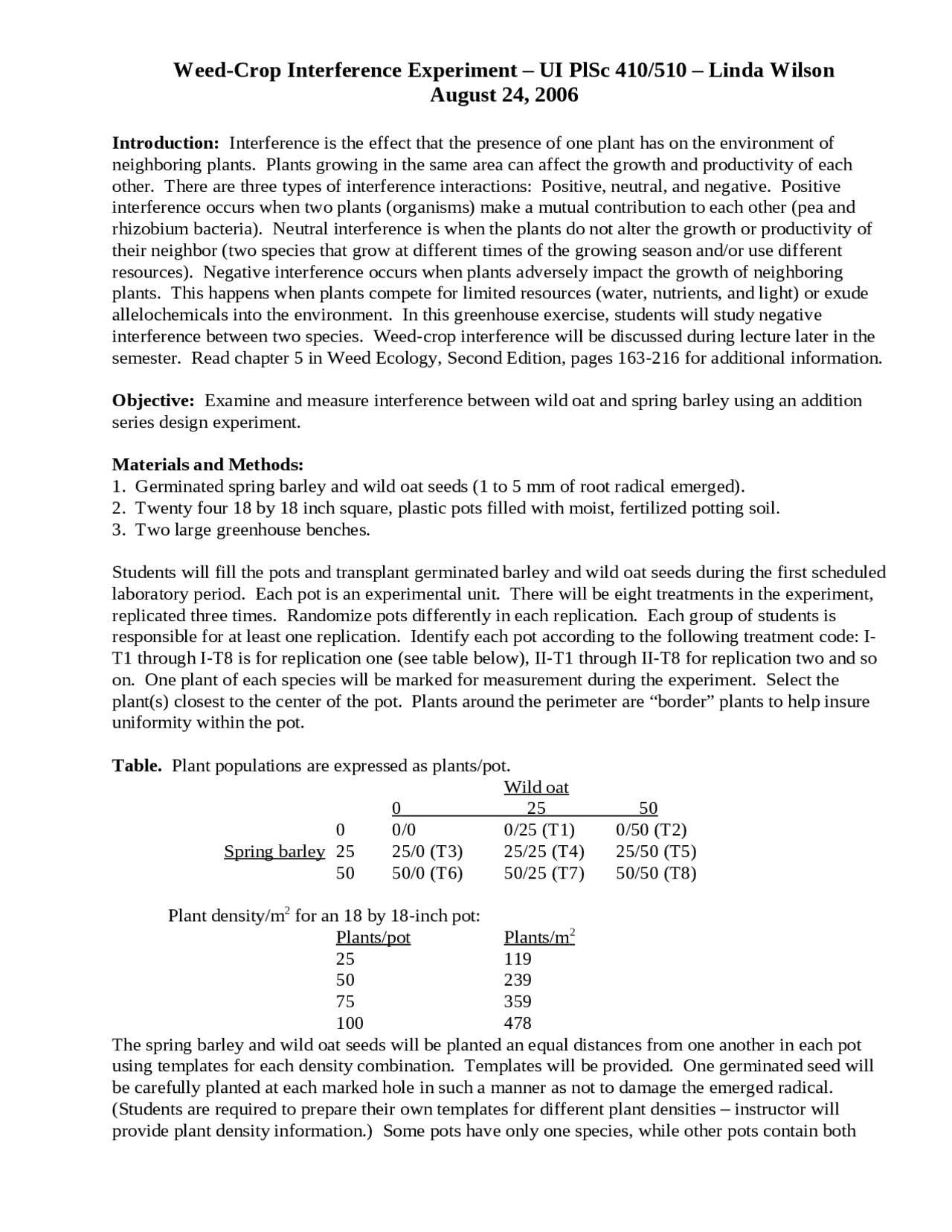 Weed Crop Interference Experiment Lab Work Plsc 410 Docsity